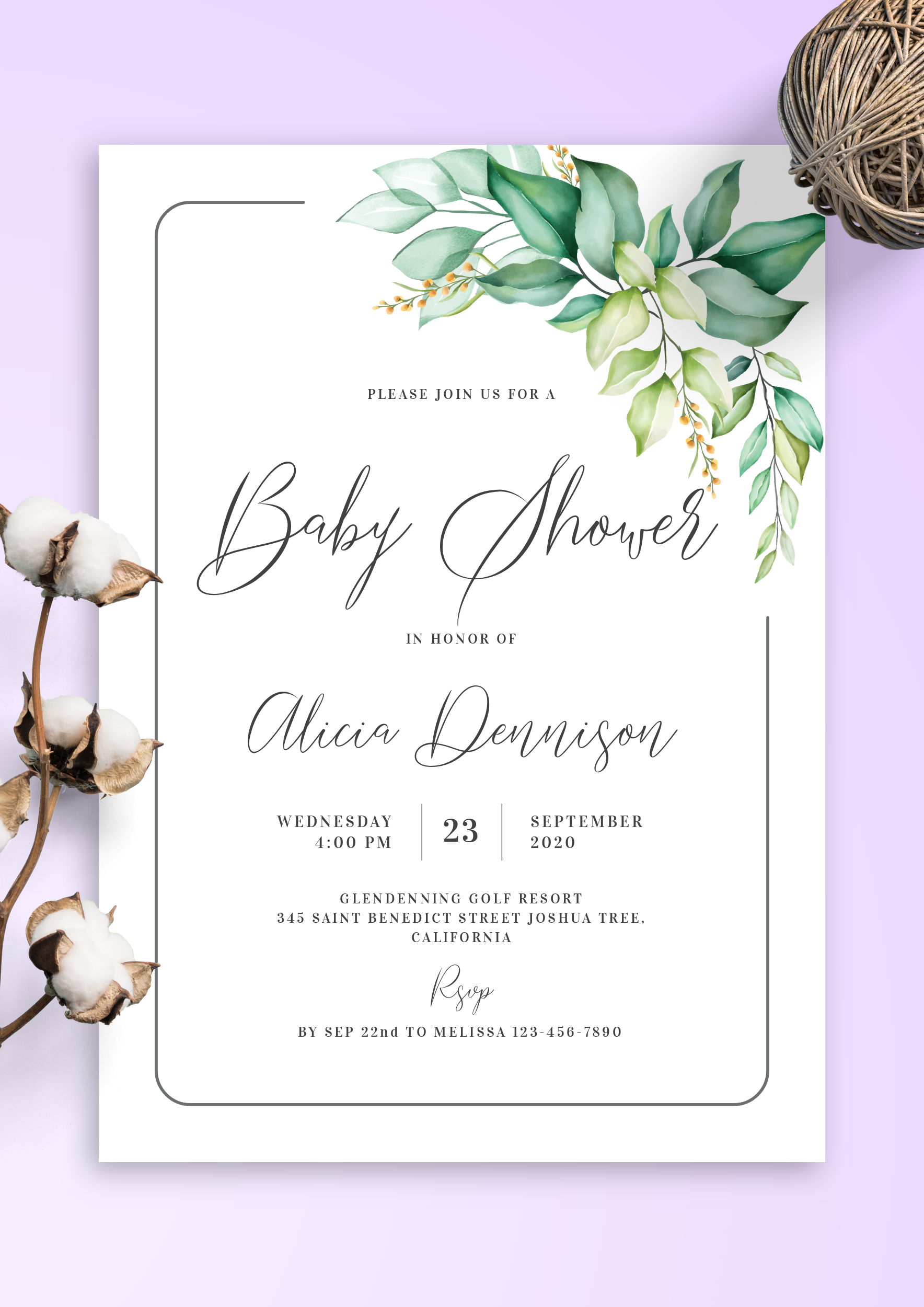 Download Printable Elegant Greenery Baby Shower Invitation PDF