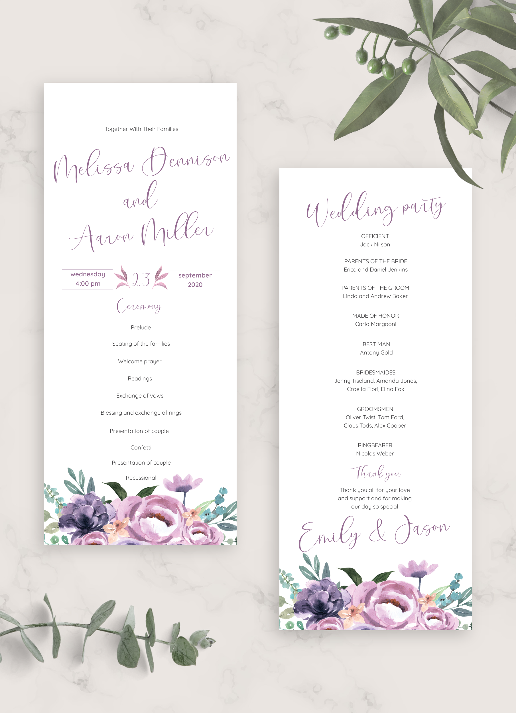 Download Printable Exotic Flowers Purple Wedding Program PDF