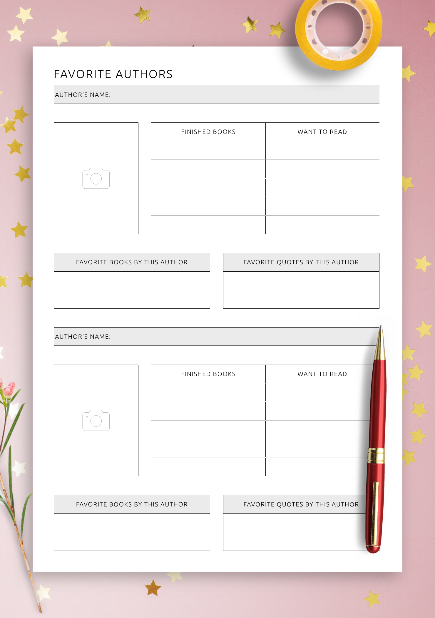 Download Printable Favorite Authors Template PDF