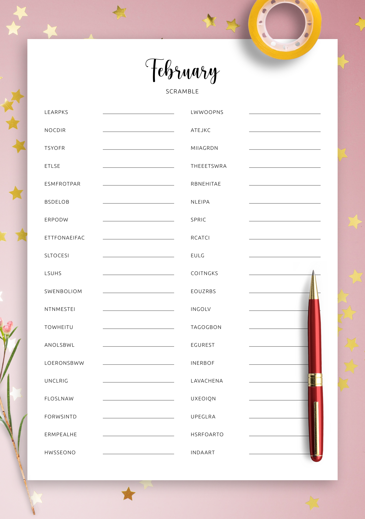 Download Printable February Word Scramble PDF