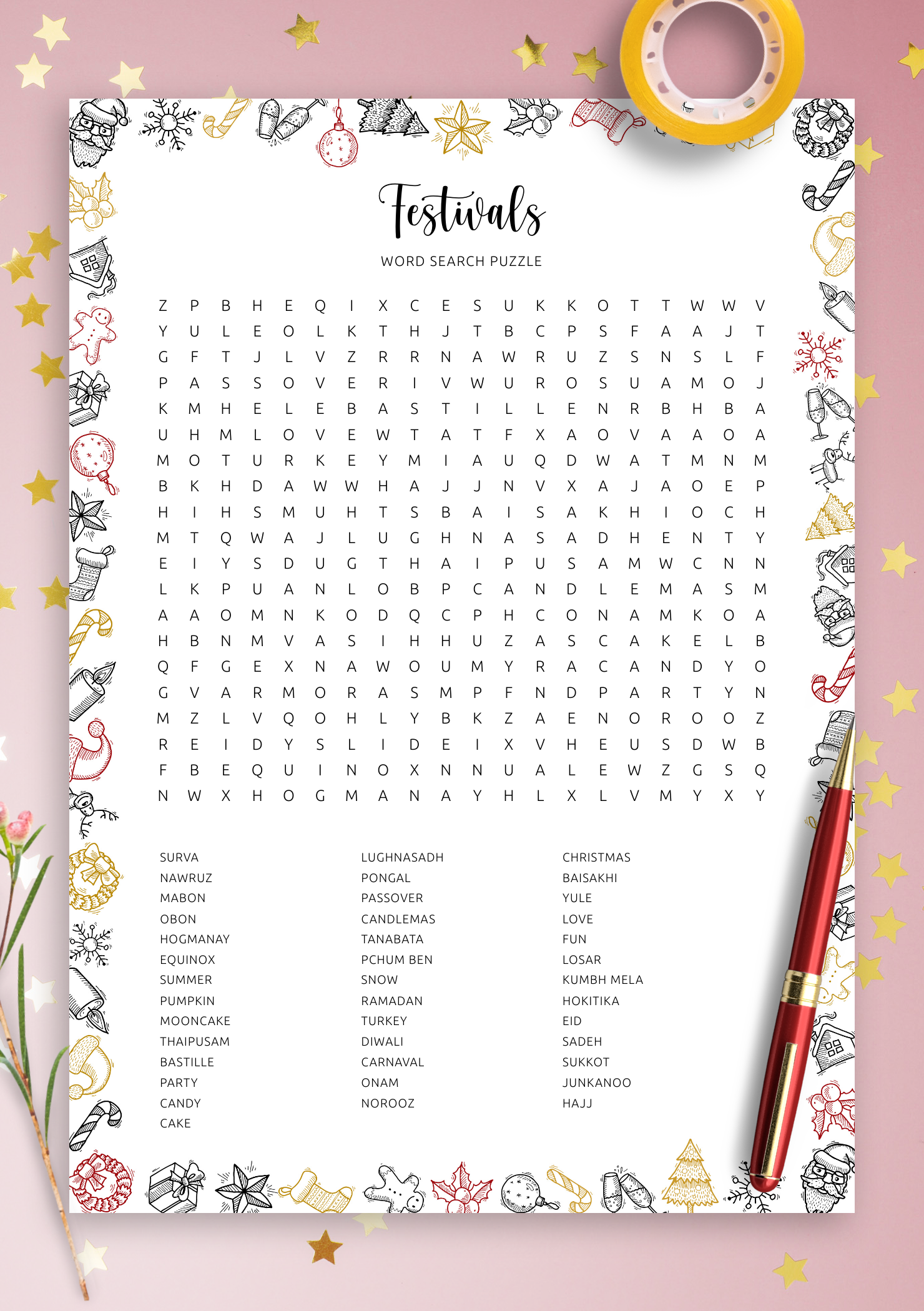 Download Printable Festivals Word Search in PDF