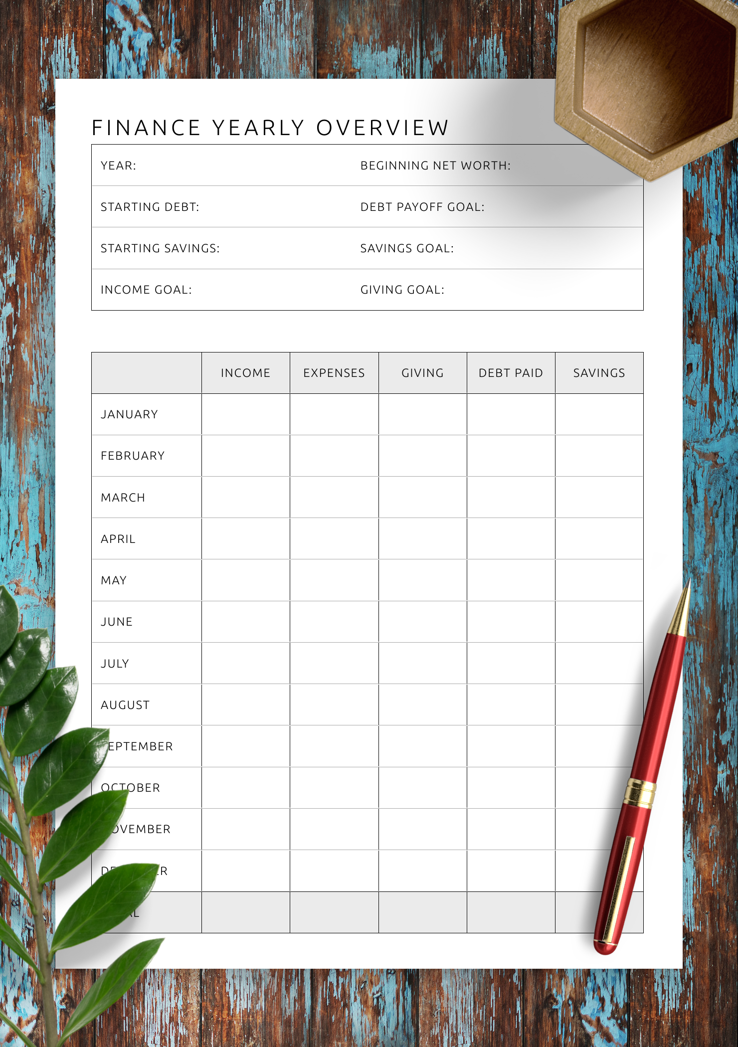 Download Printable Finance Yearly Overview Template PDF