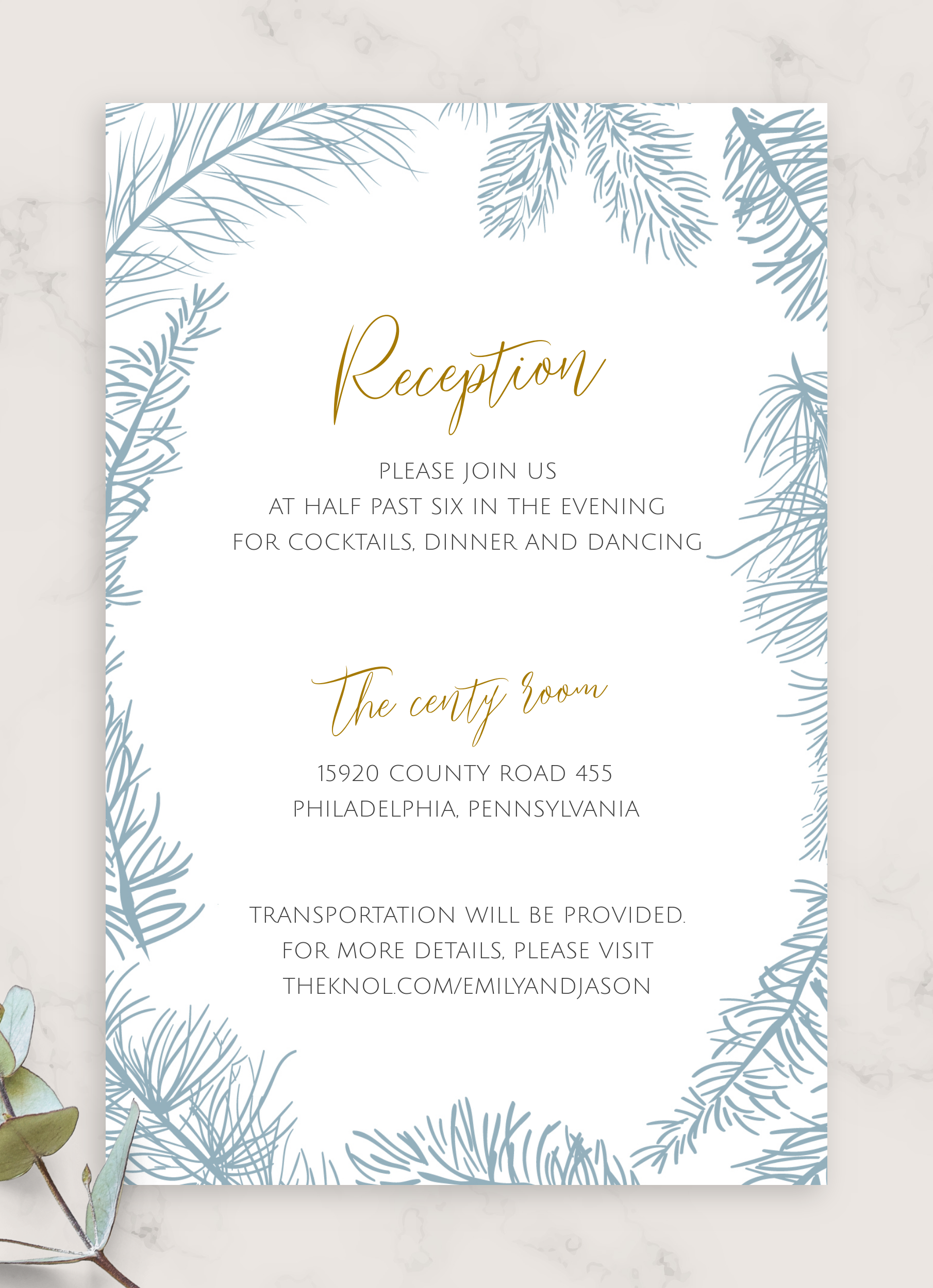 Download Printable Fir Branch Winter Wedding Reception Card PDF