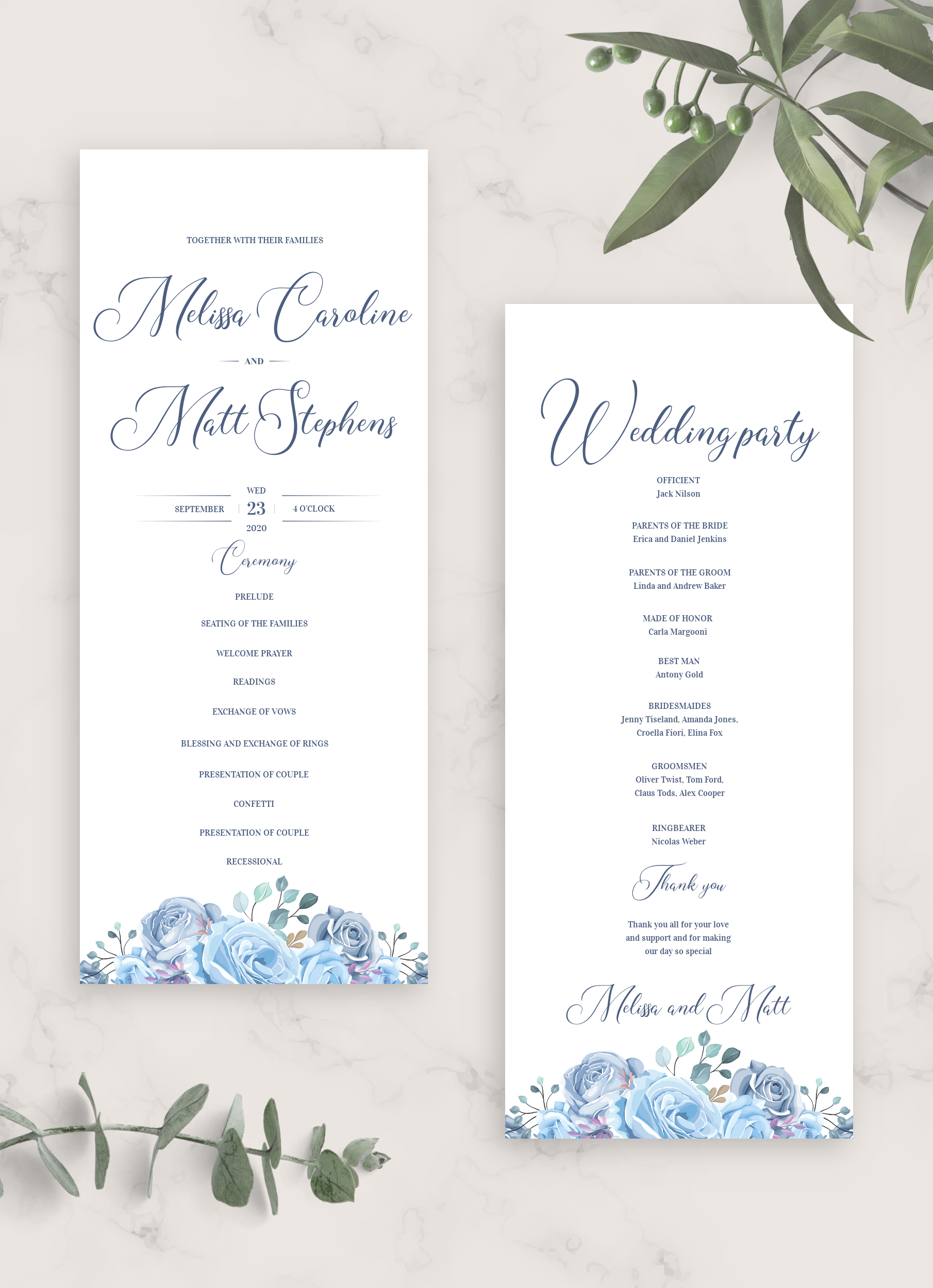 Download Printable Floral Blue Wedding Program Card PDF