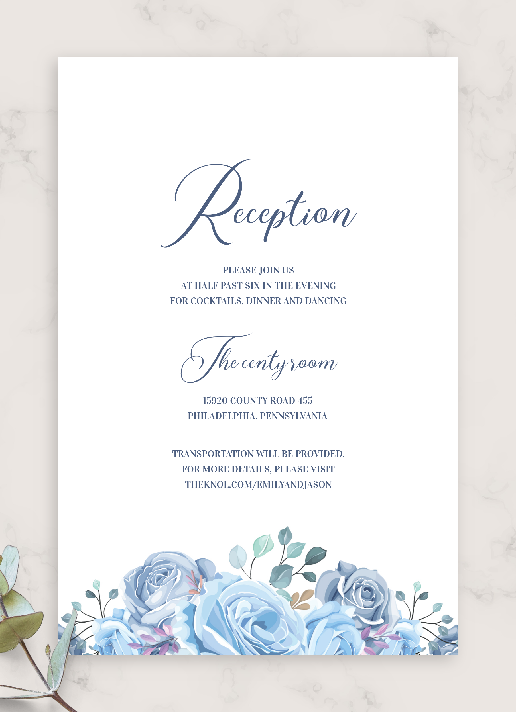 Download Printable Floral Blue Wedding Reception Card PDF