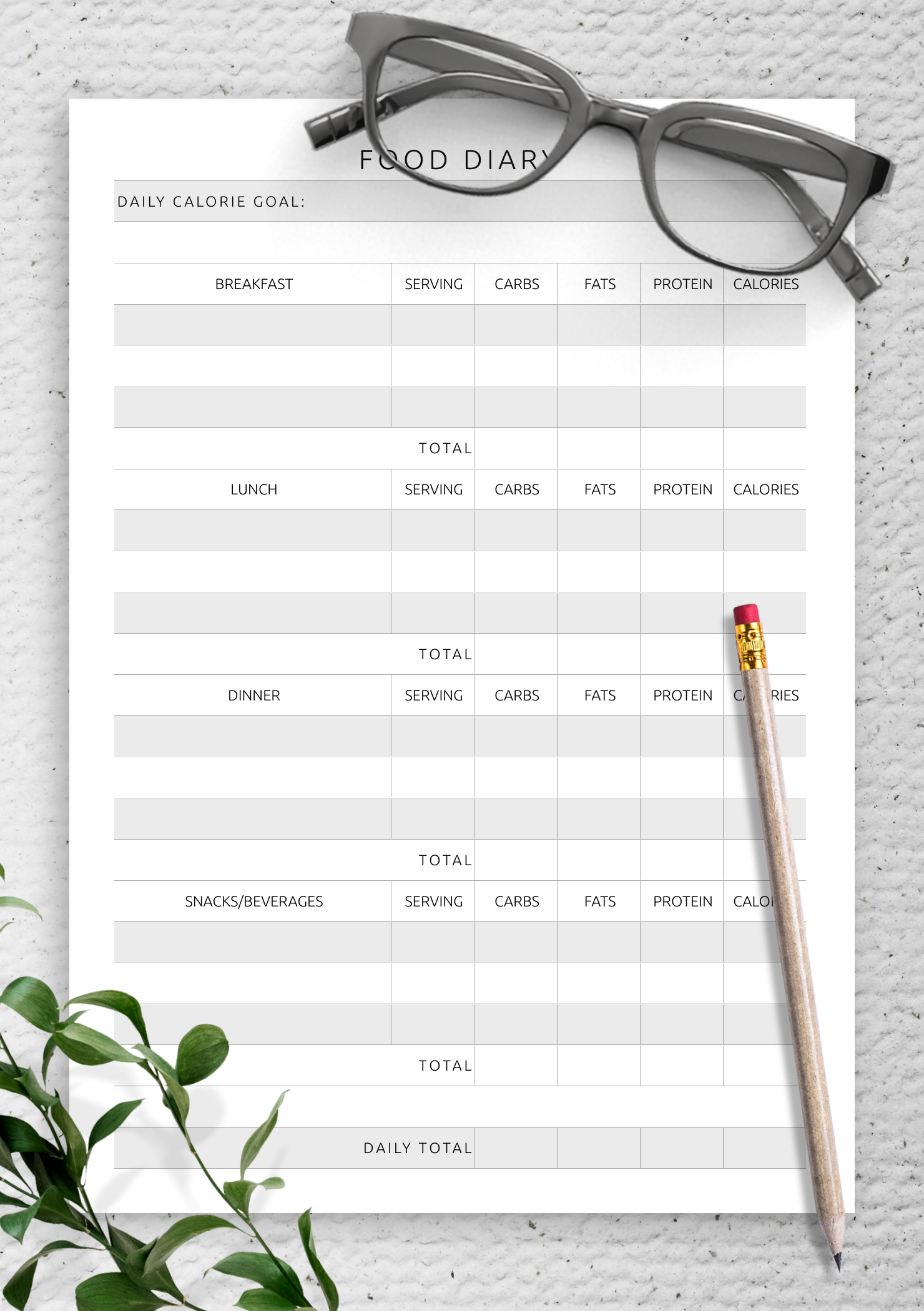 Download Printable Food Diary Template PDF