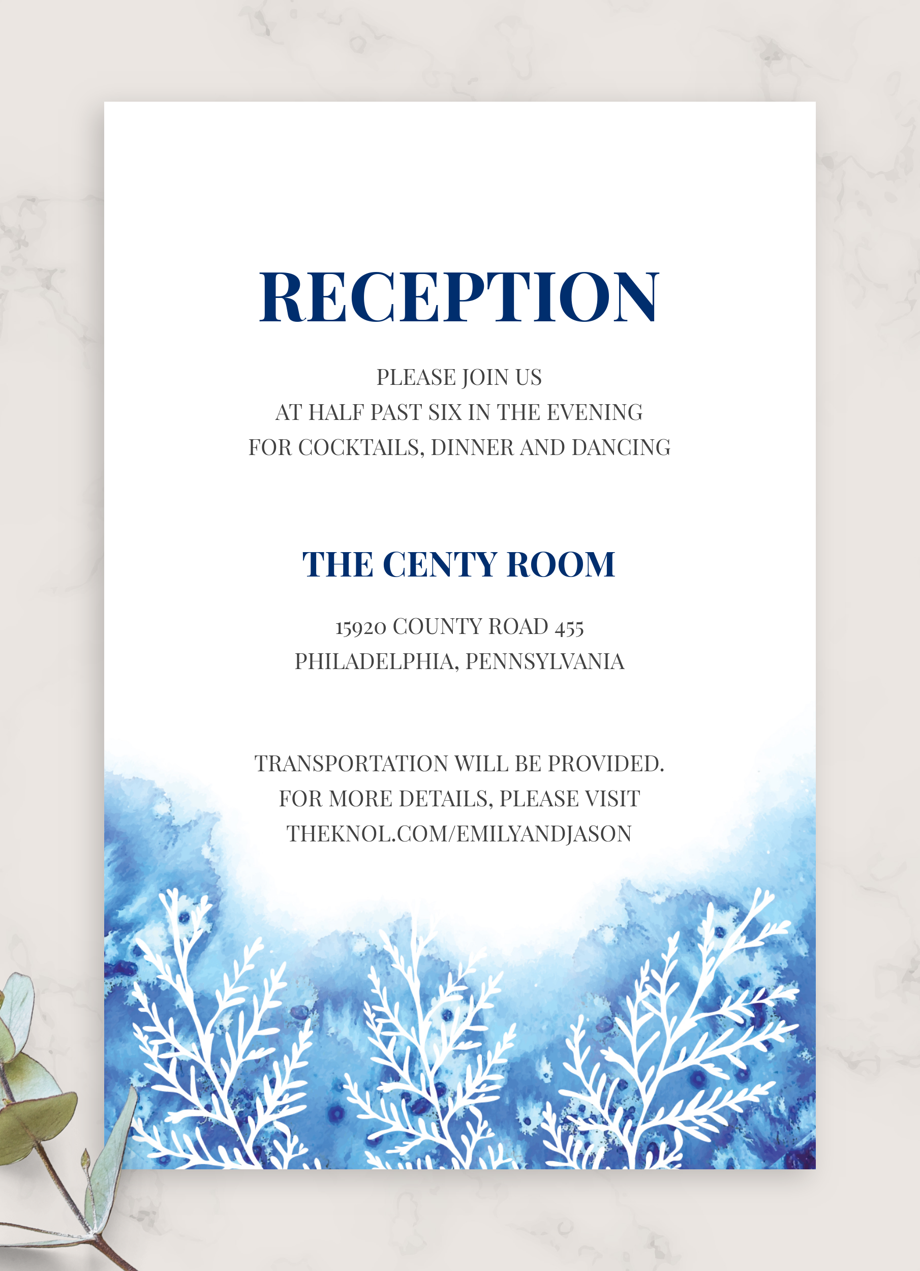 Download Printable Frosty Winter Wedding Reception Card PDF
