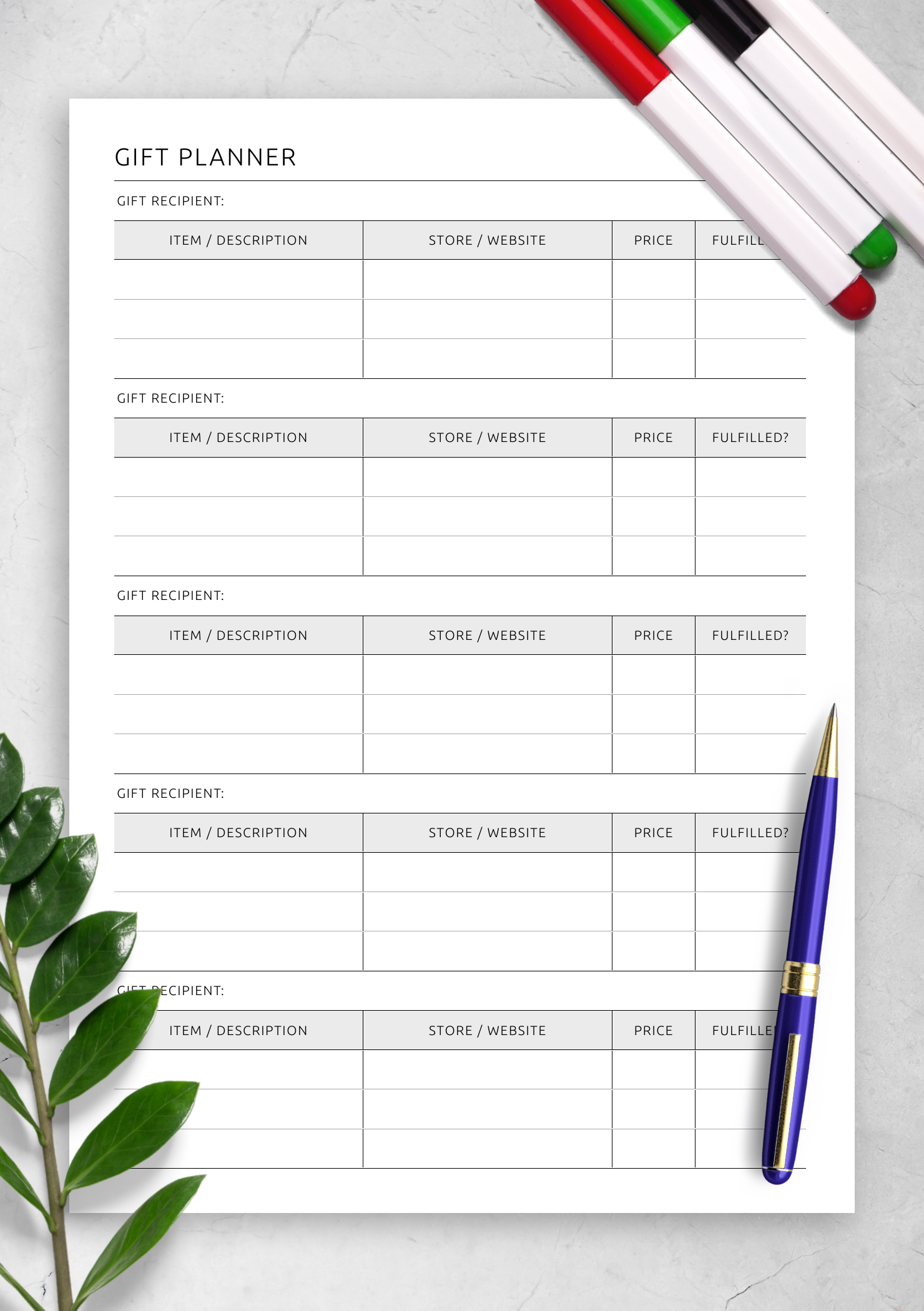 Download Printable Gift Planner - 5 Recipients PDF