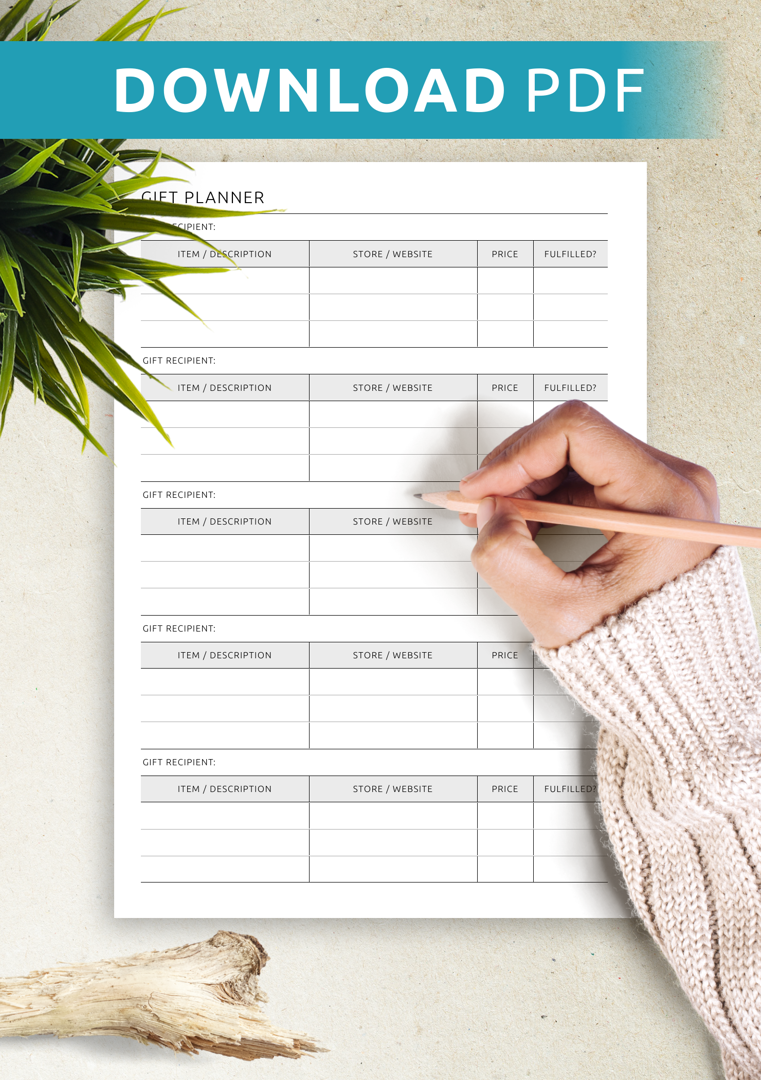 Download Printable Gift Planner - 5 Recipients PDF