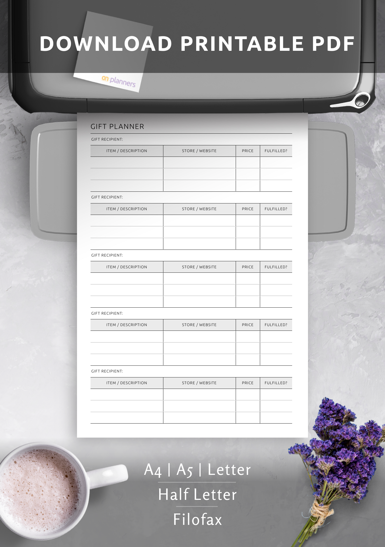 Download Printable Gift Planner - 5 Recipients PDF