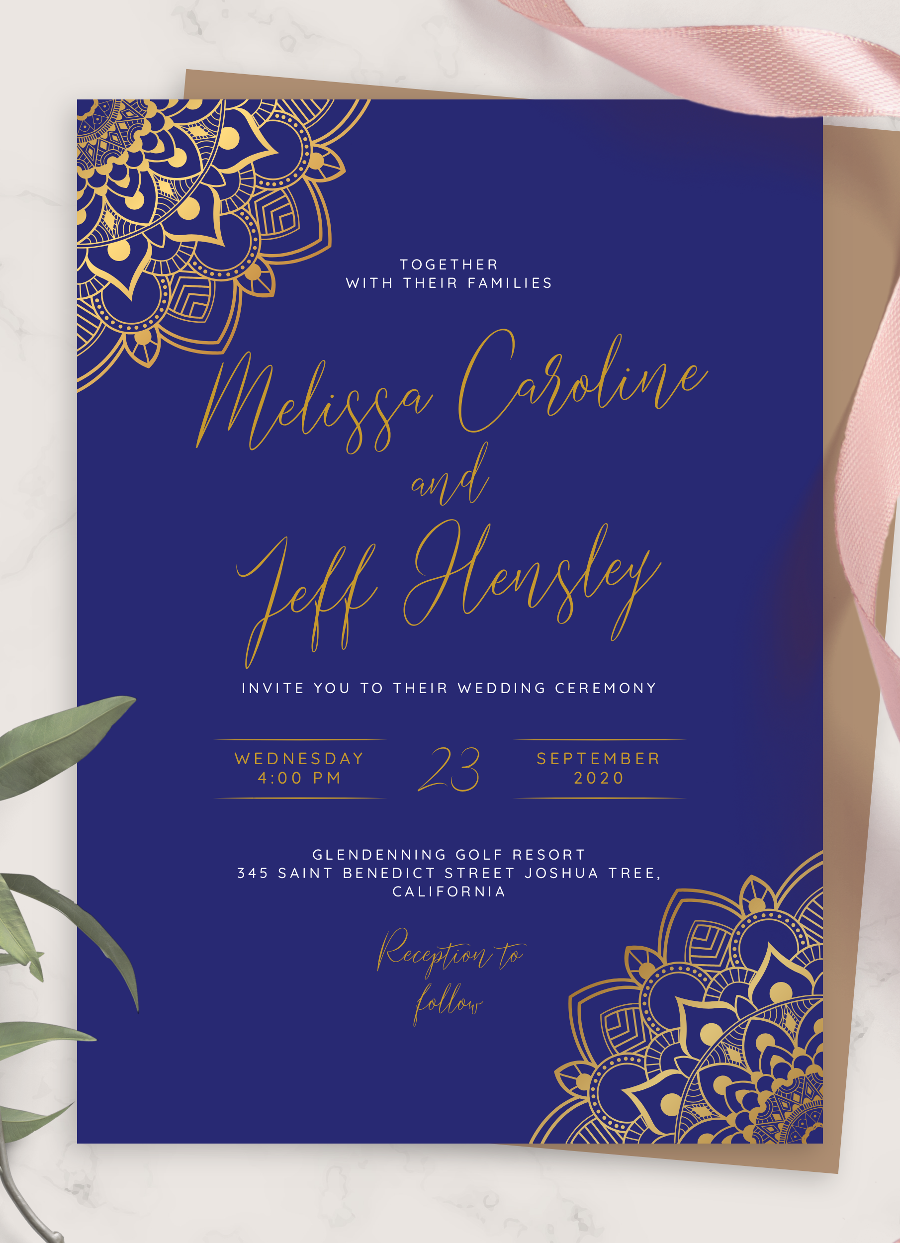 Download Printable Gold And Blue Wedding Invitation PDF