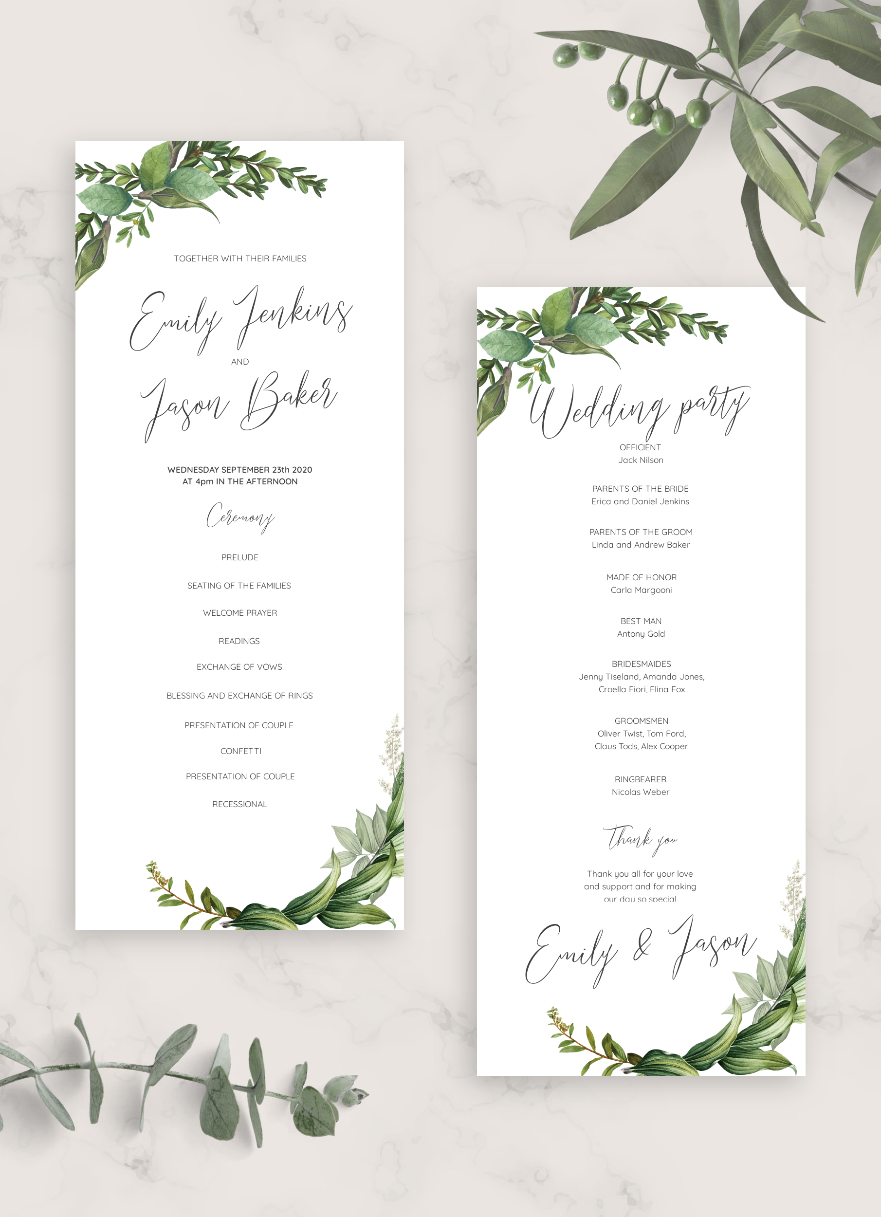 Download Printable Green Floral Wedding Program Card PDF