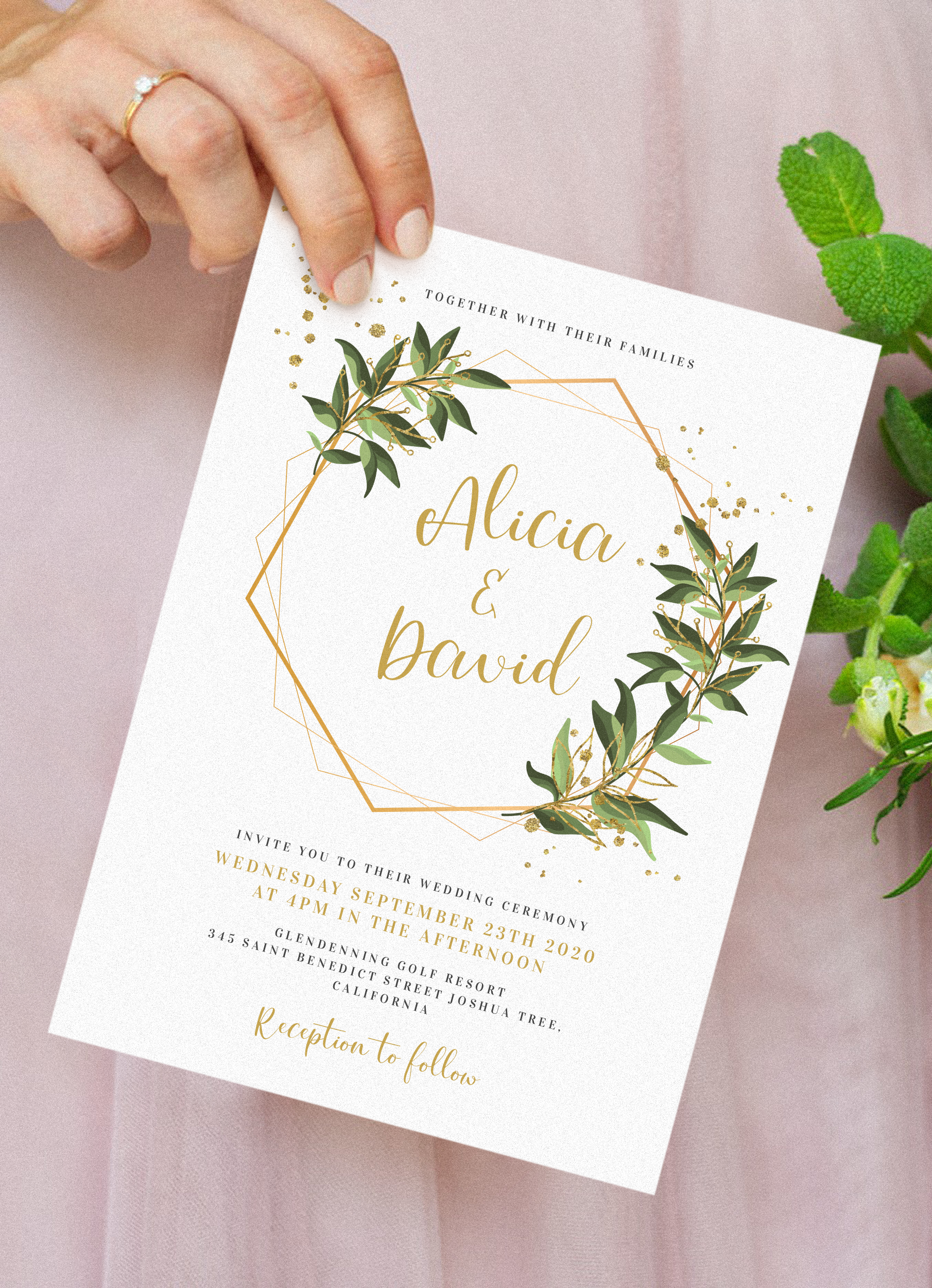 Download Printable Greenery Geometric Wedding Invitation PDF