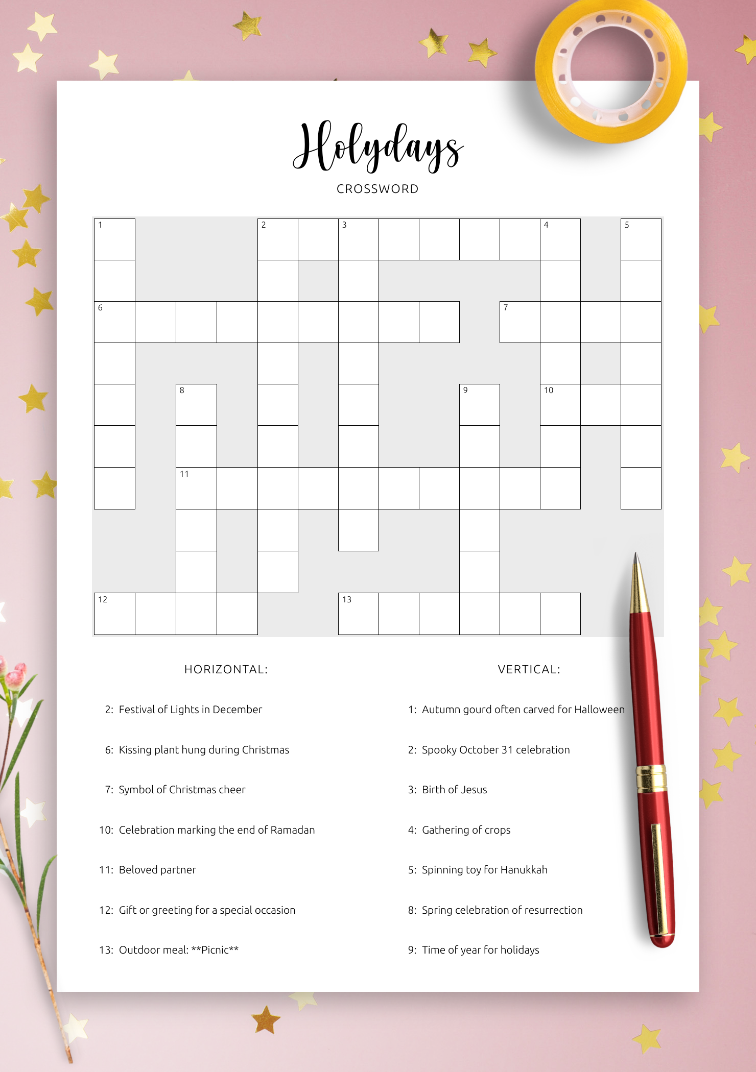 Download Printable Holidays Crossword Puzzle PDF – Explore Festive ...
