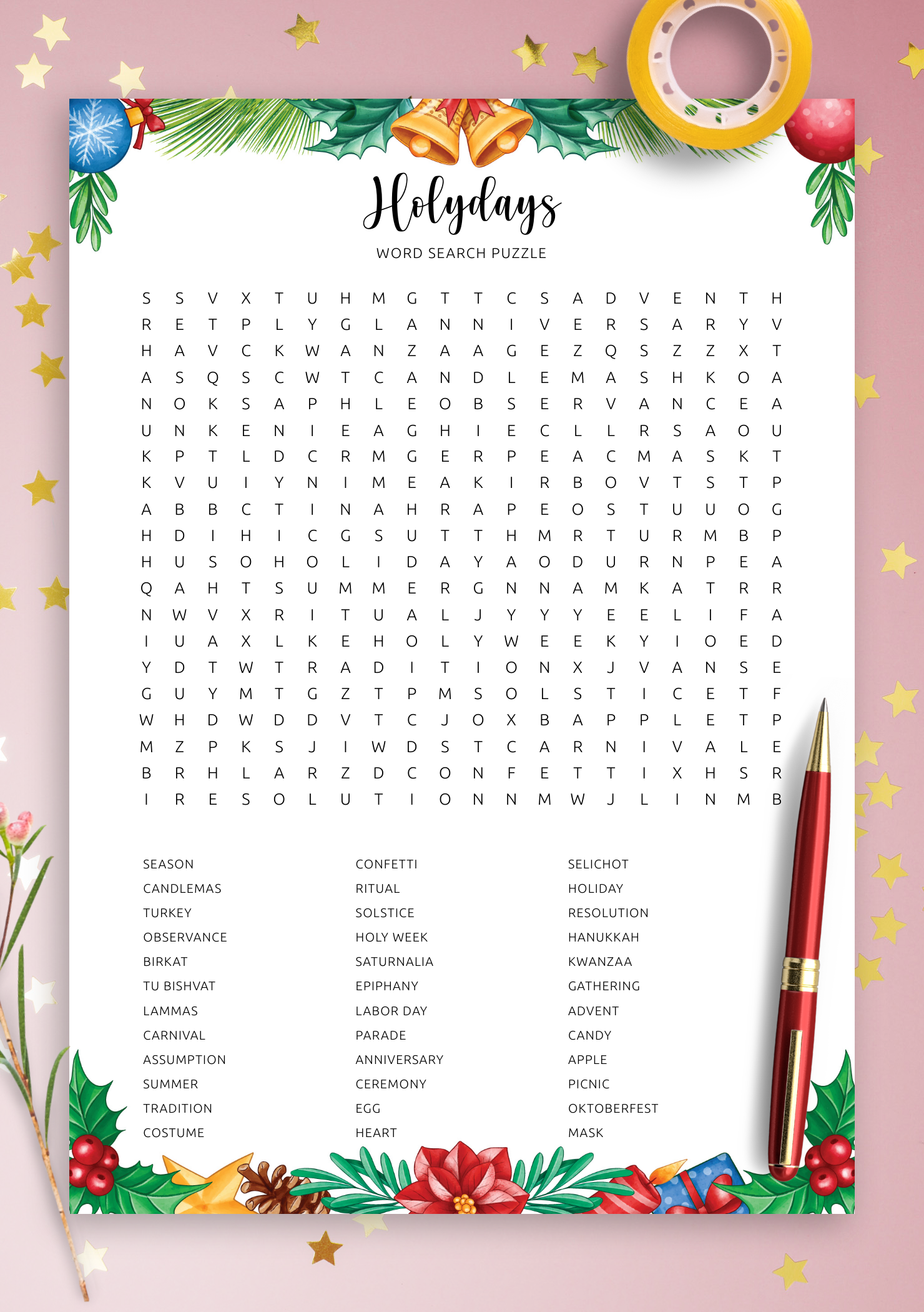 Download Printable Holidays Word Search Template PDF