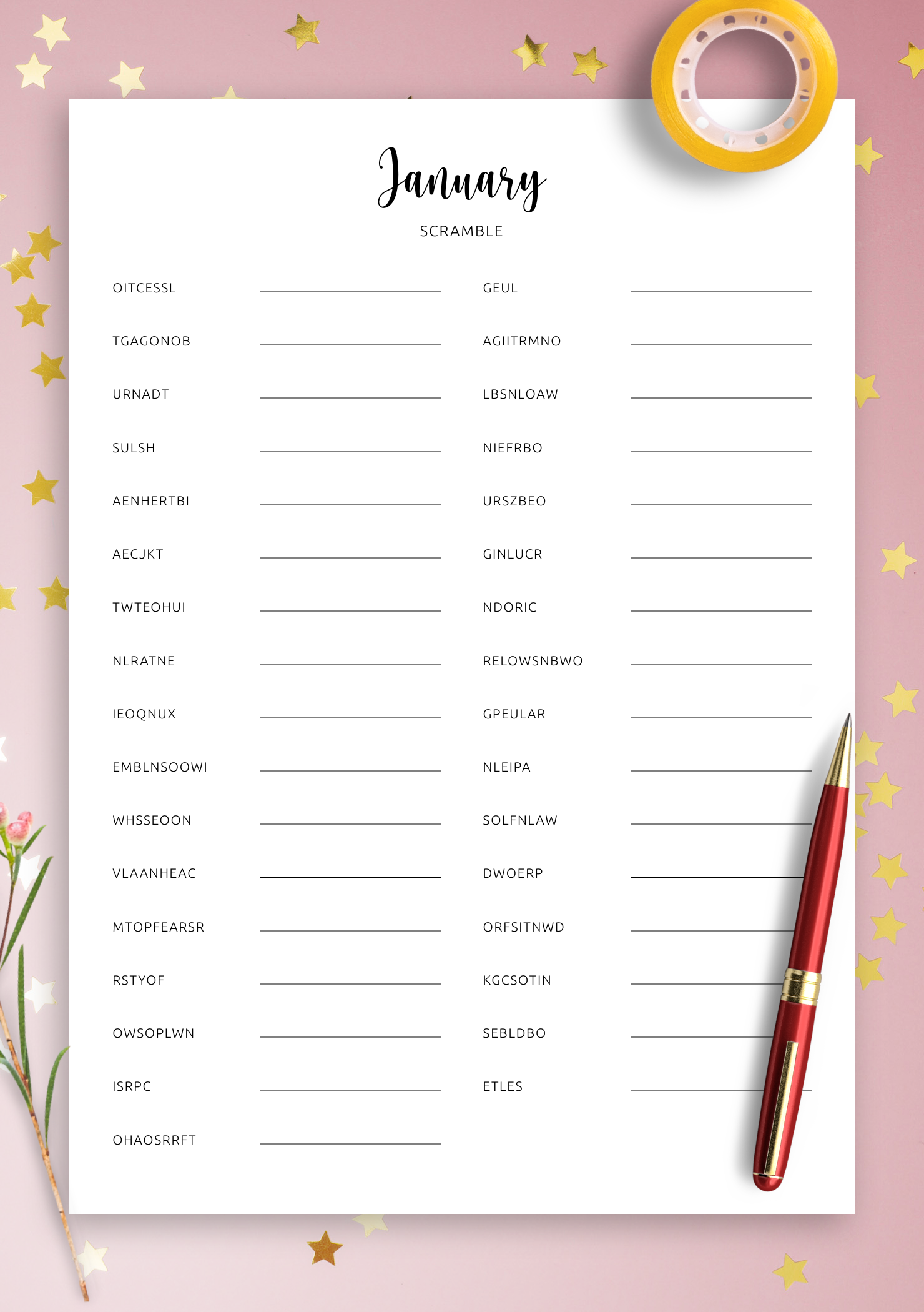 Download Printable January Word Scramble PDF