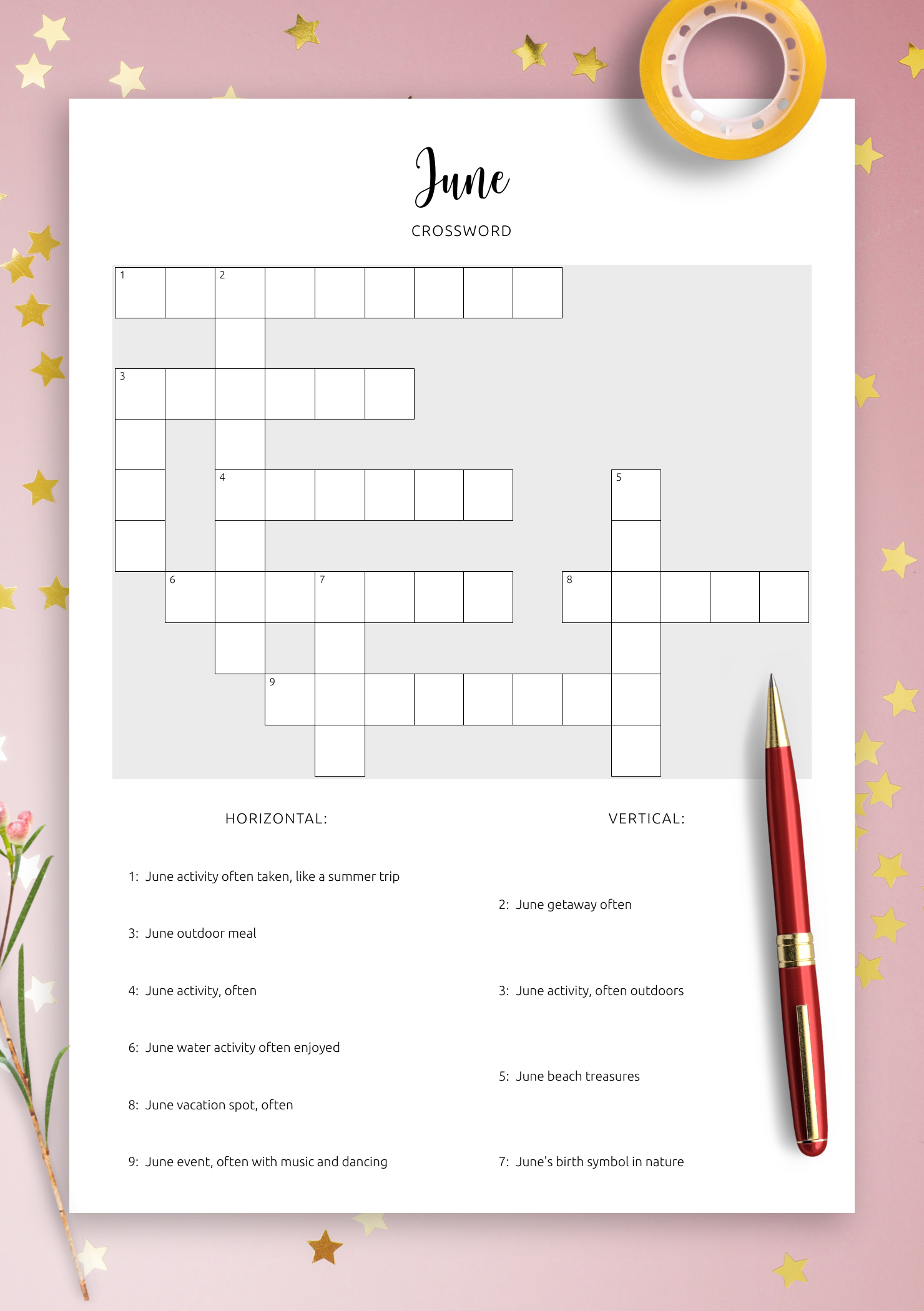 Download Printable June Crossword PDF Puzzle – Summertime Challenge