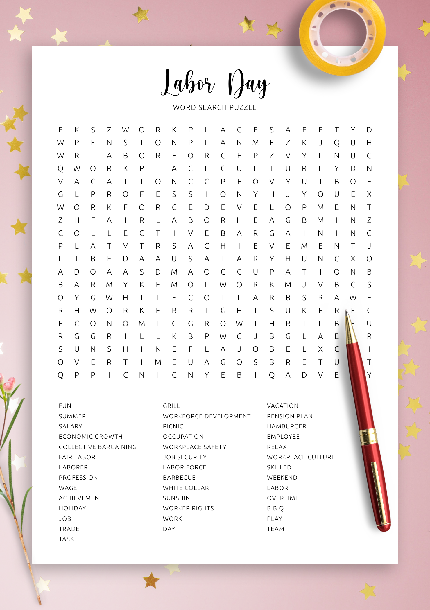 Download Labor Day Word Search Printable in PDF