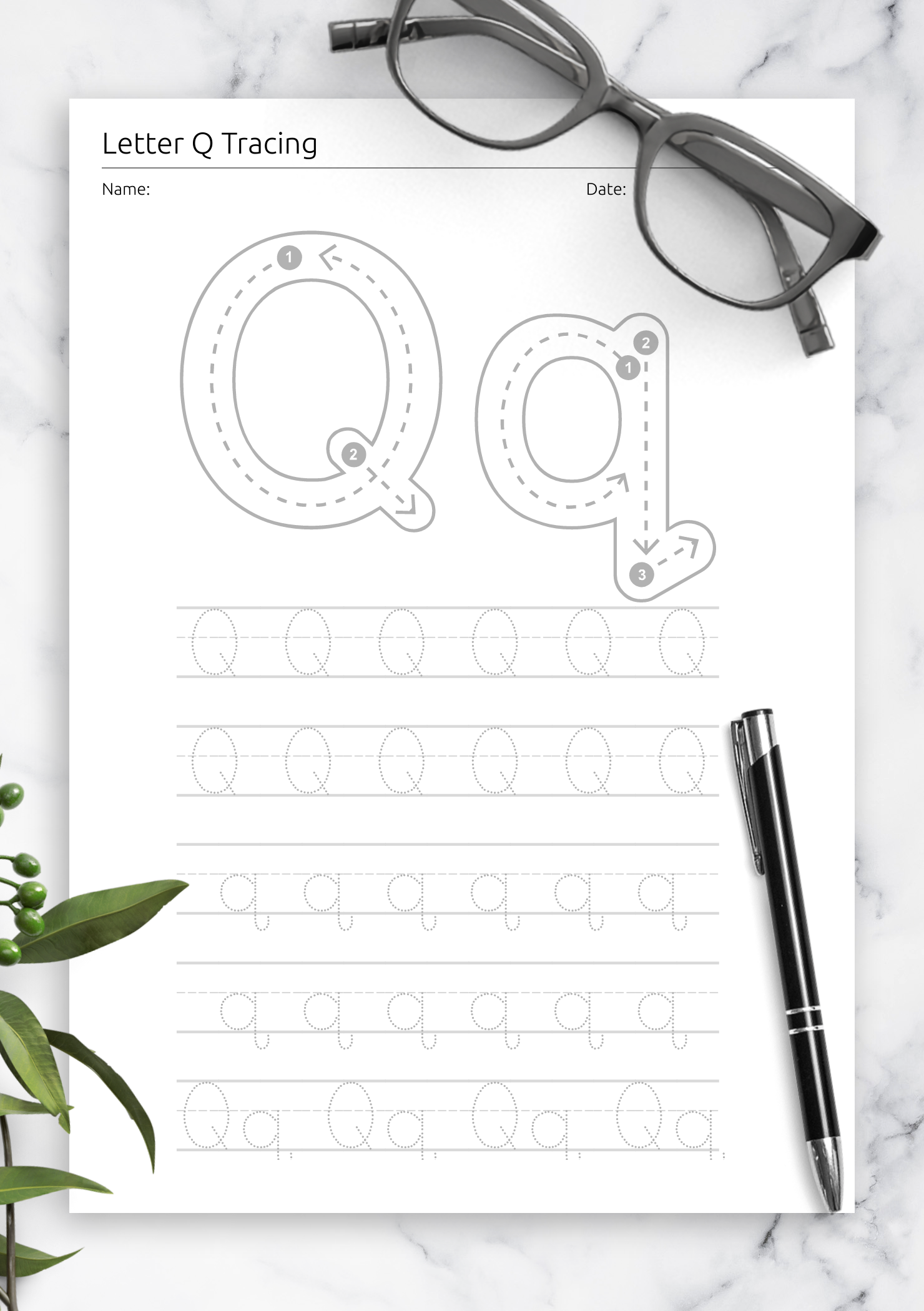 Download Letter Q Trace for Kids Printable PDF