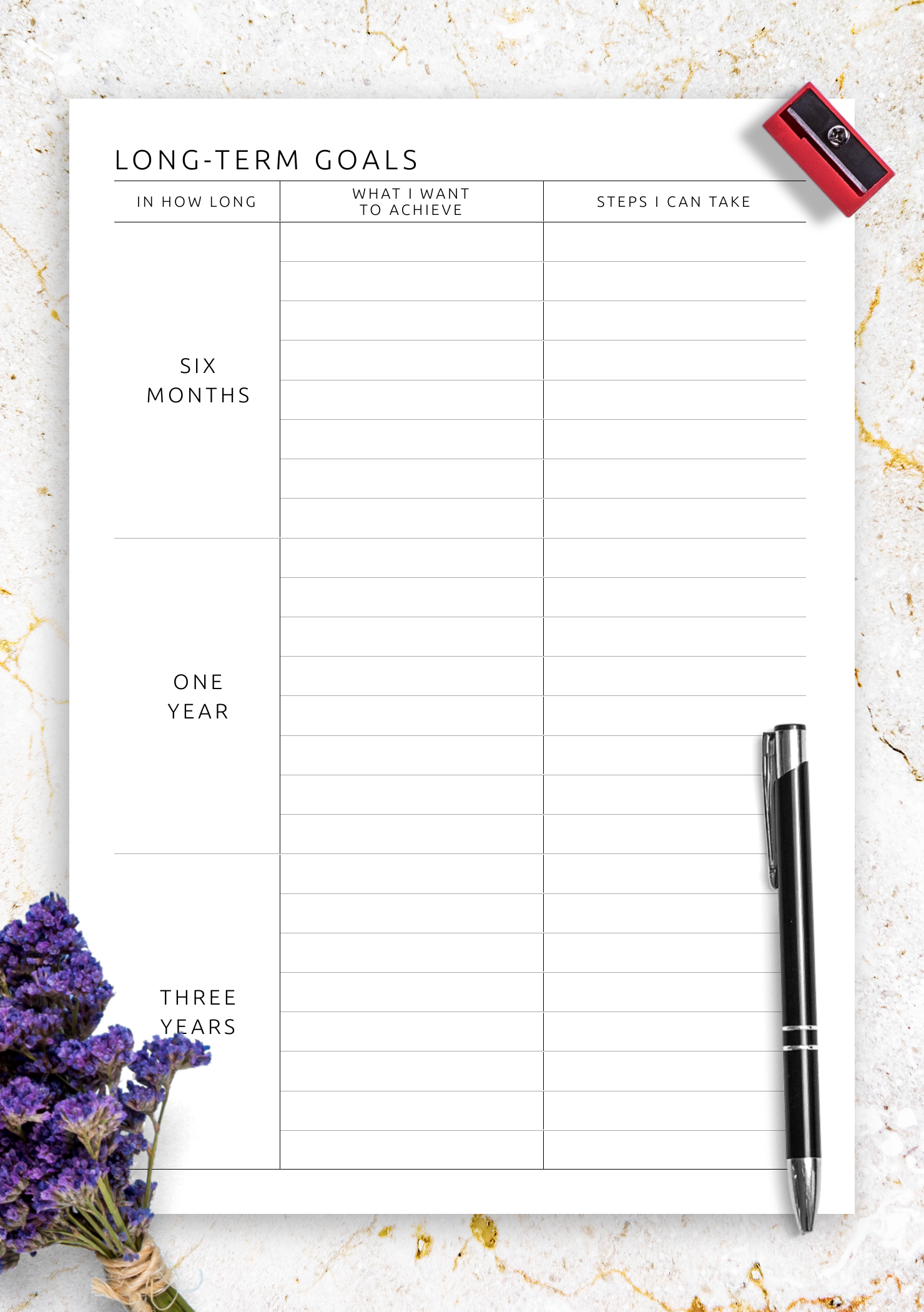 Download Printable Long-Term Goals Template PDF