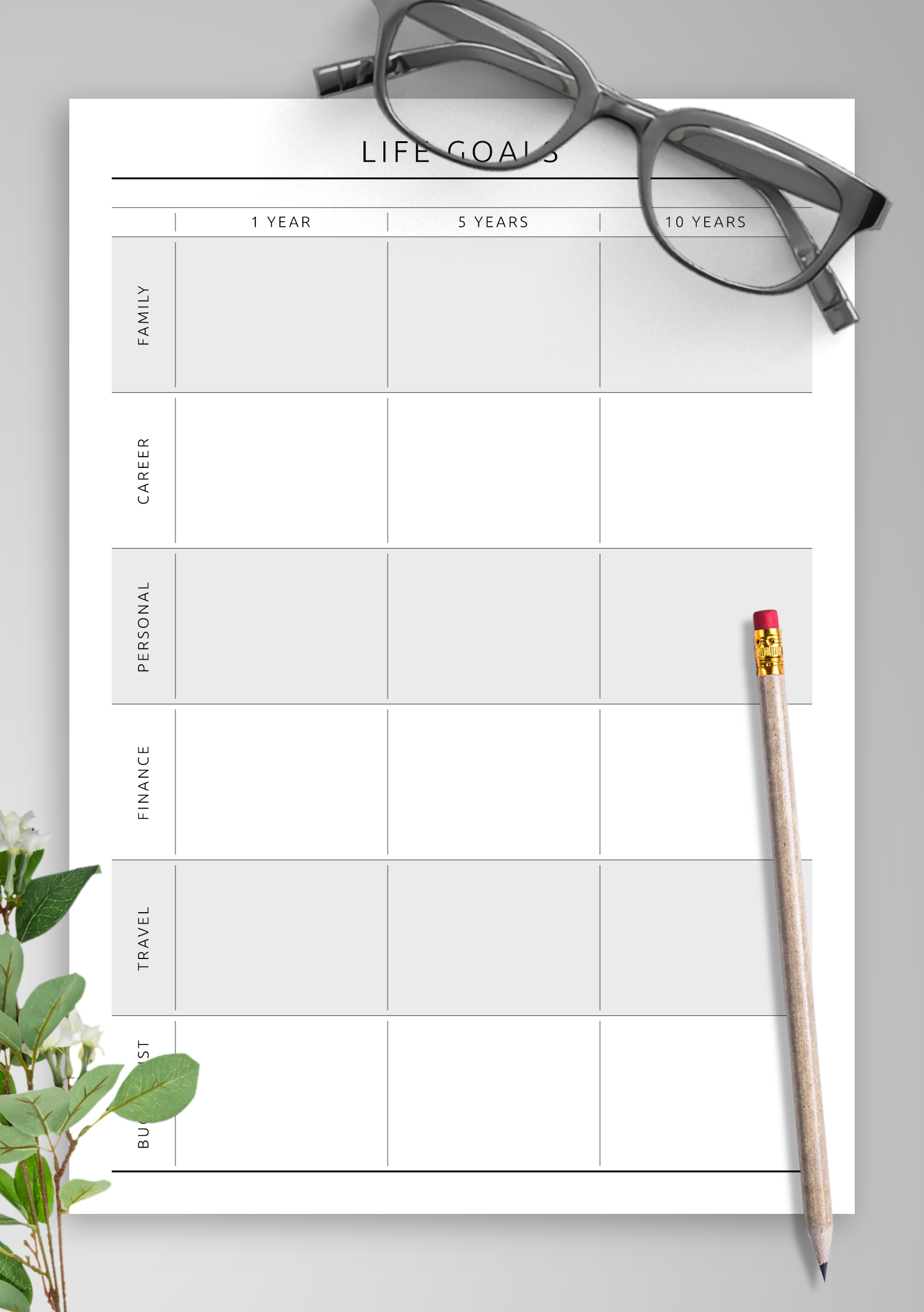 Download Printable Long-Term Yearly Life Goals Simple Template PDF