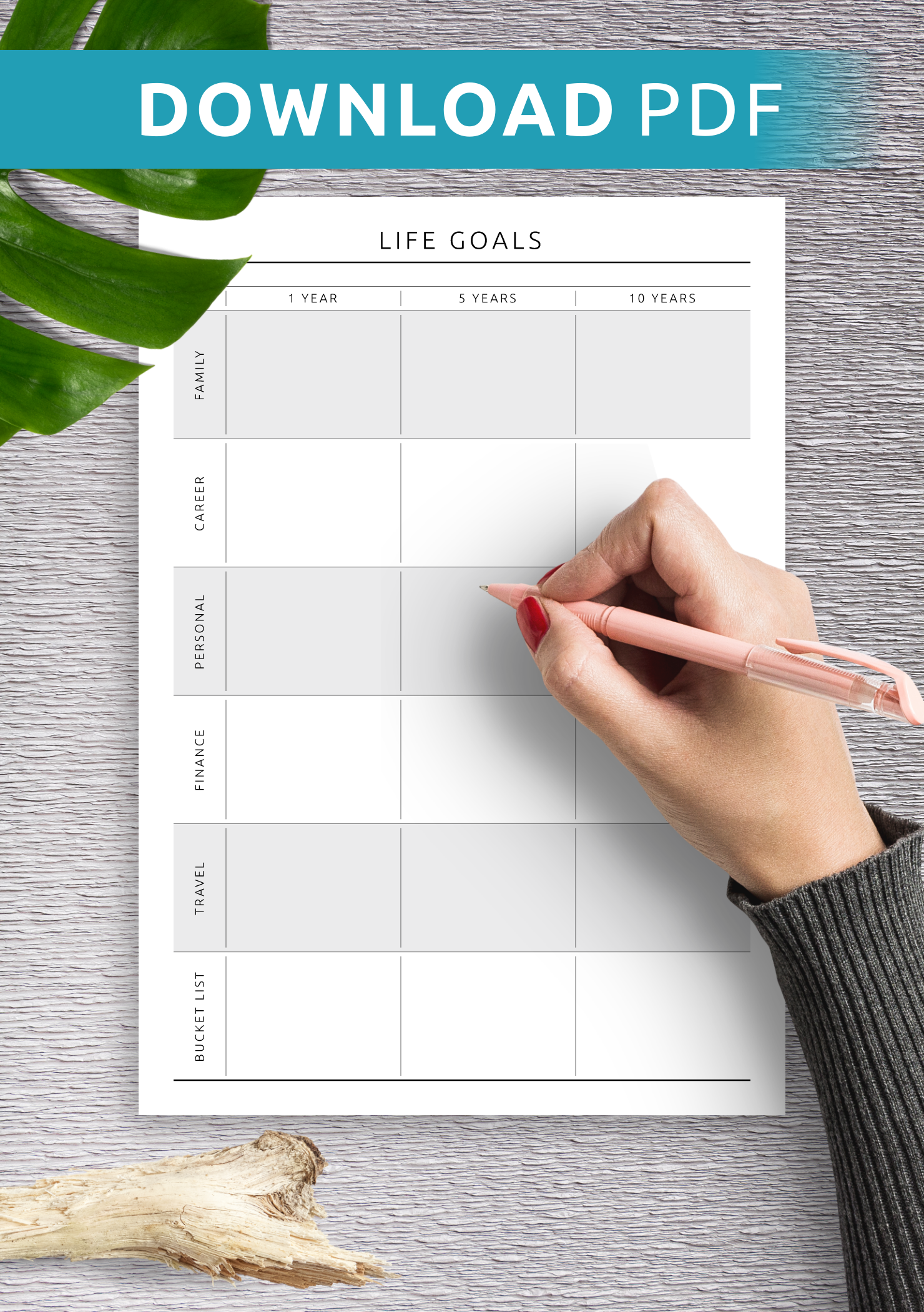 Download Printable Long-Term Yearly Life Goals Simple Template PDF