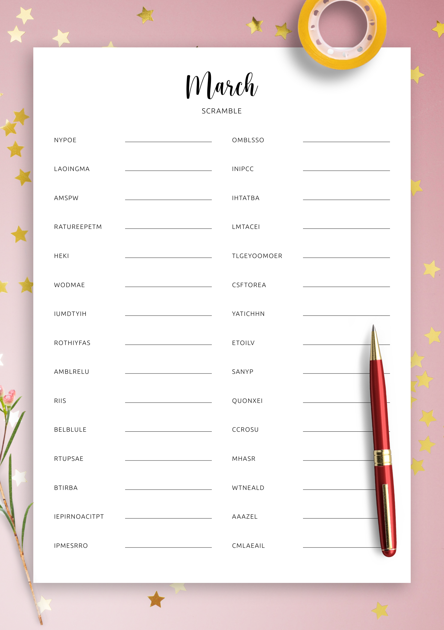 Download Printable March Word Scramble PDF