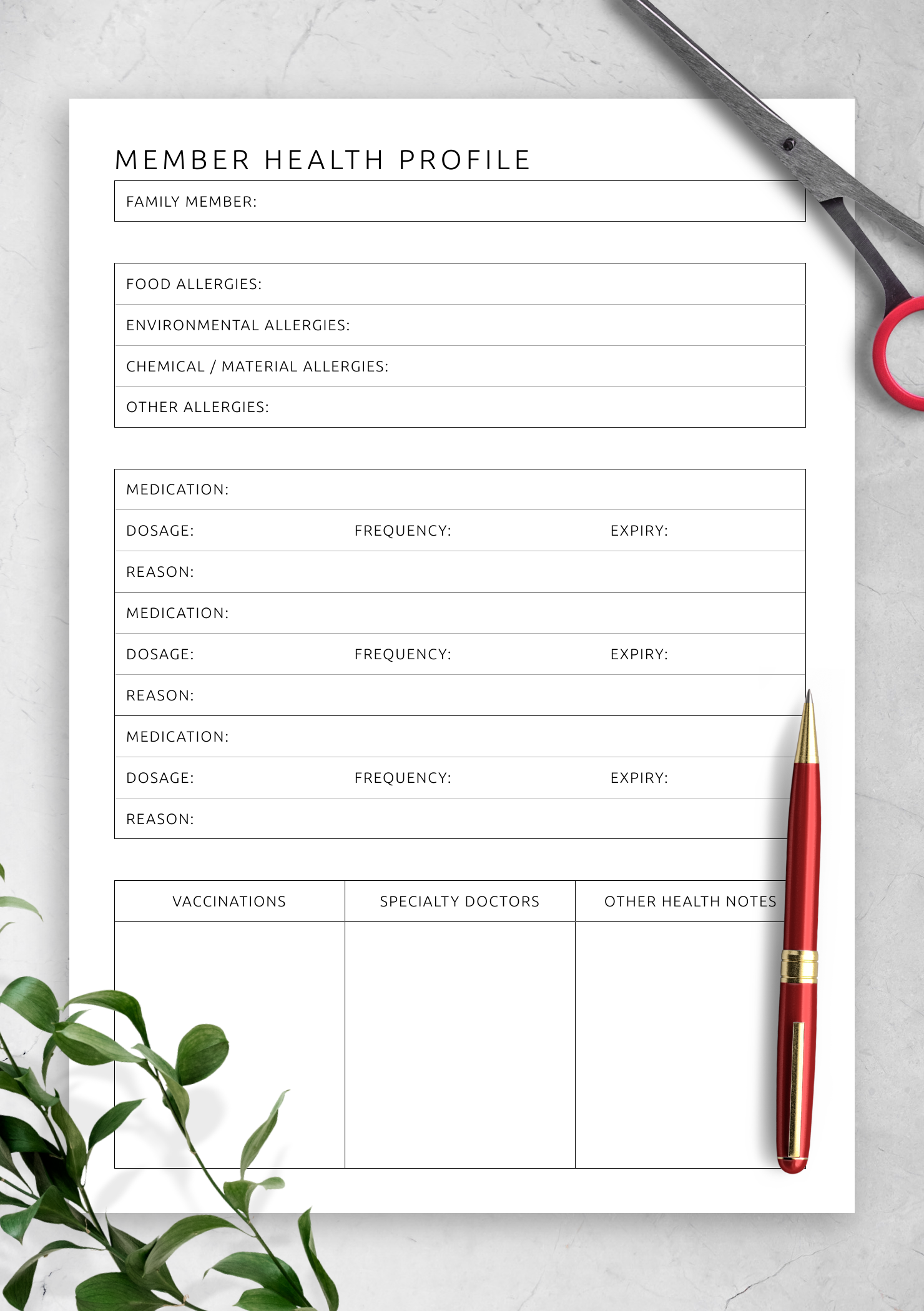 Download Printable Member Health Profile Template PDF