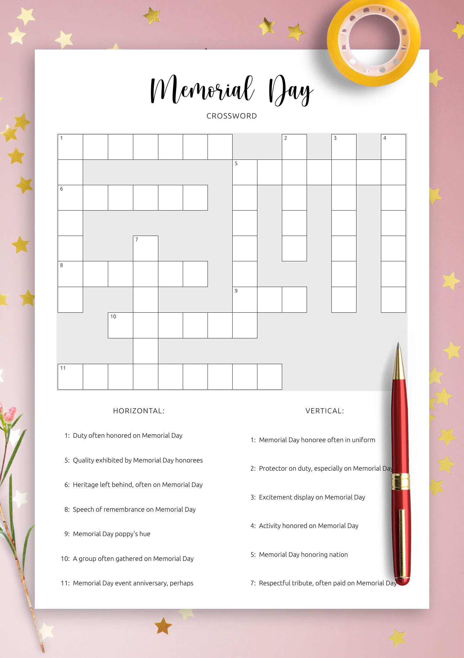 Download Printable Memorial Day Crossword PDF Puzzle – Remember and Hono