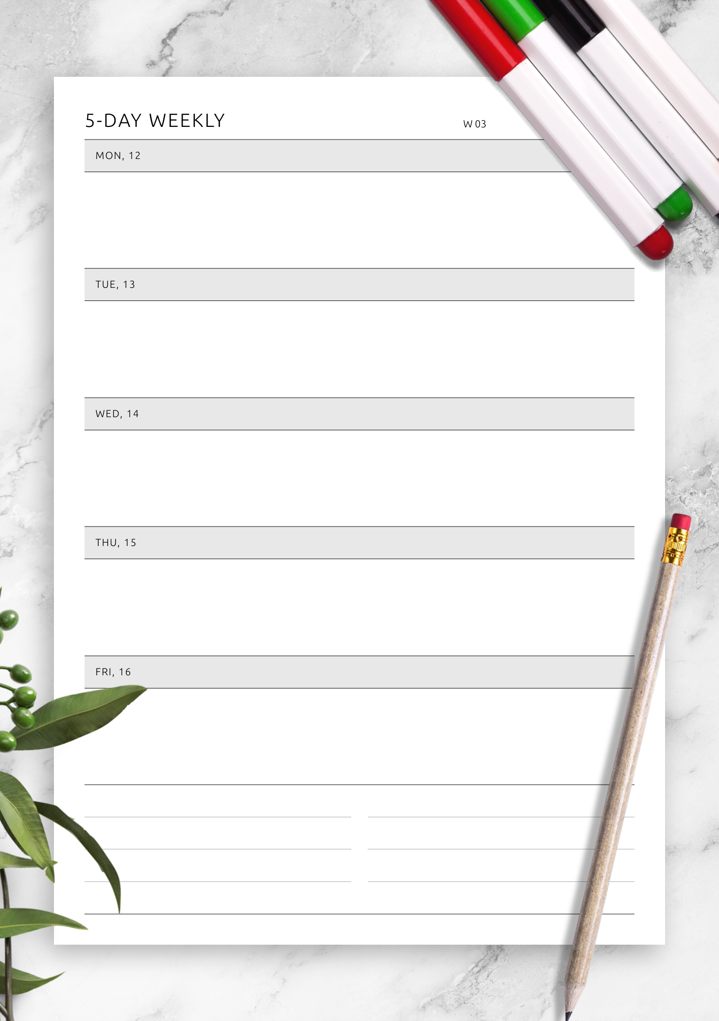 Download Printable Minimal 5-Day Weekly Layout PDF
