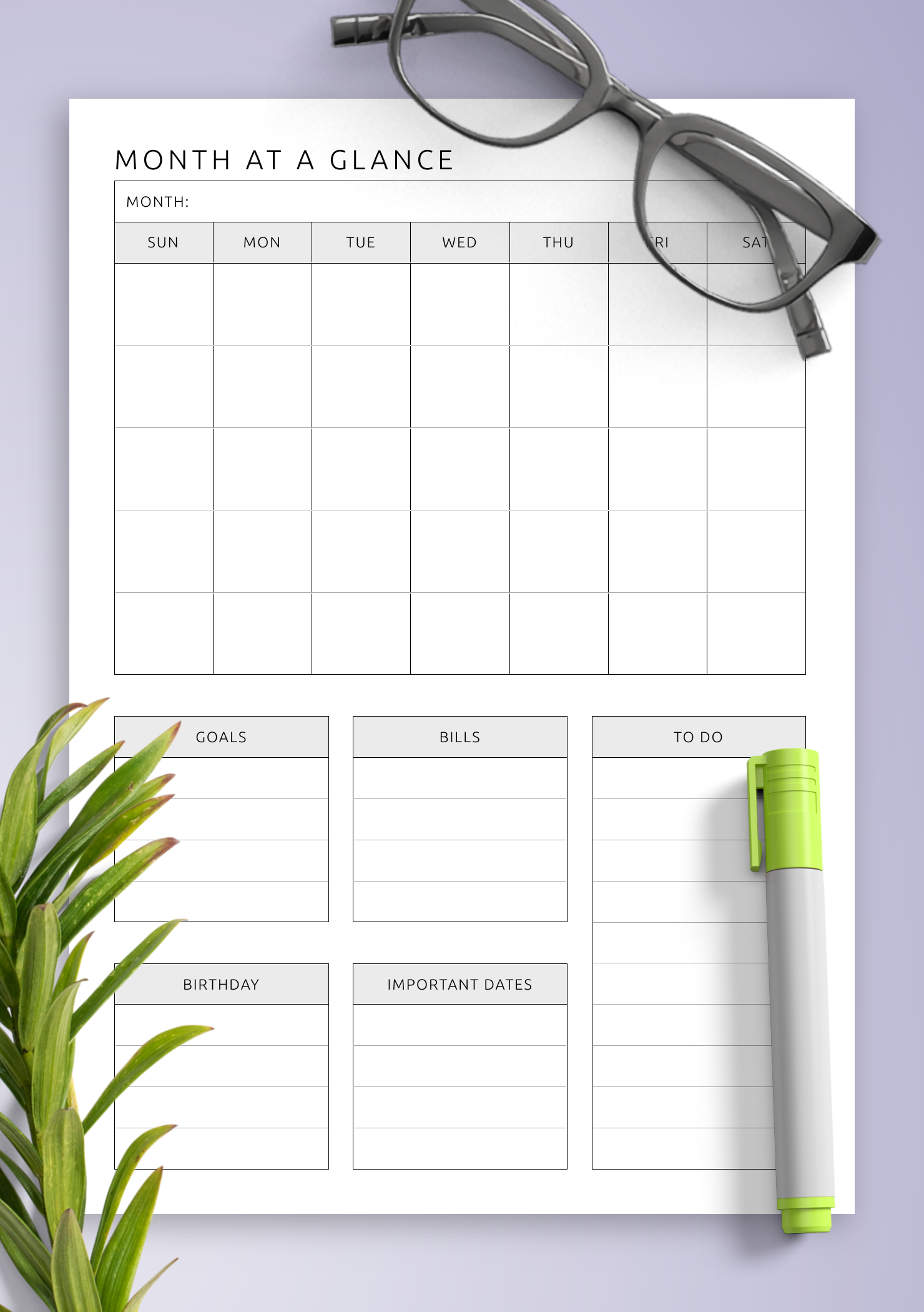 Month at a Glance PDF Template for Simple Monthly Planning