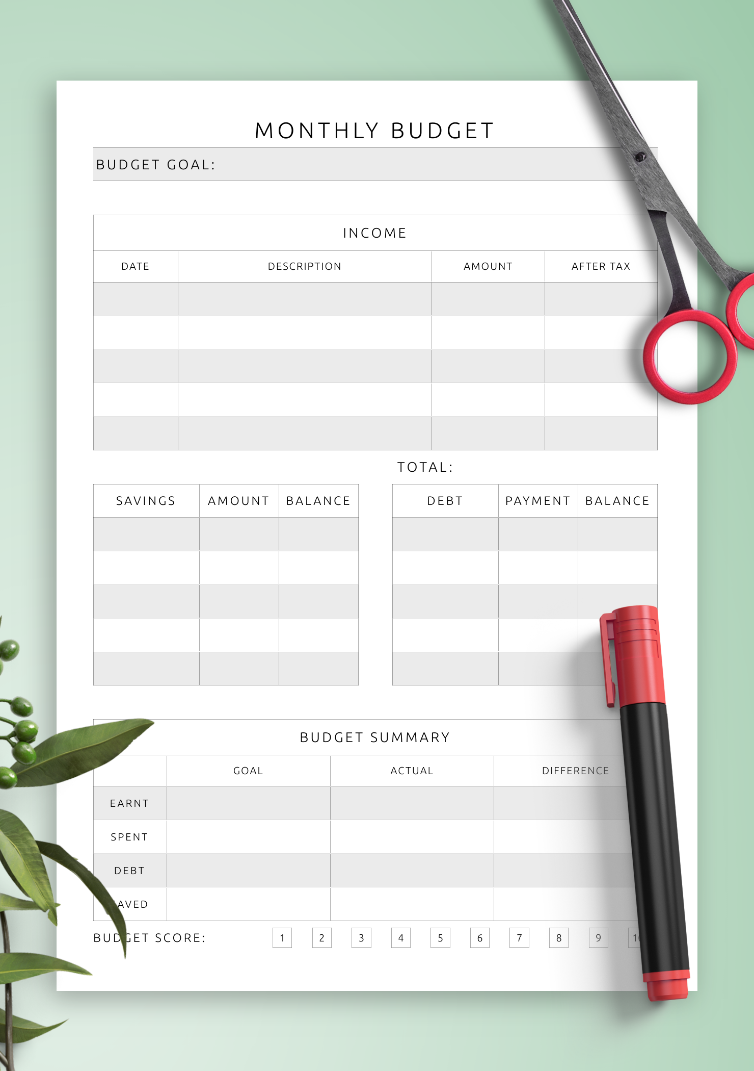 Download Printable Monthly Budget and Expense Tracker Template PDF