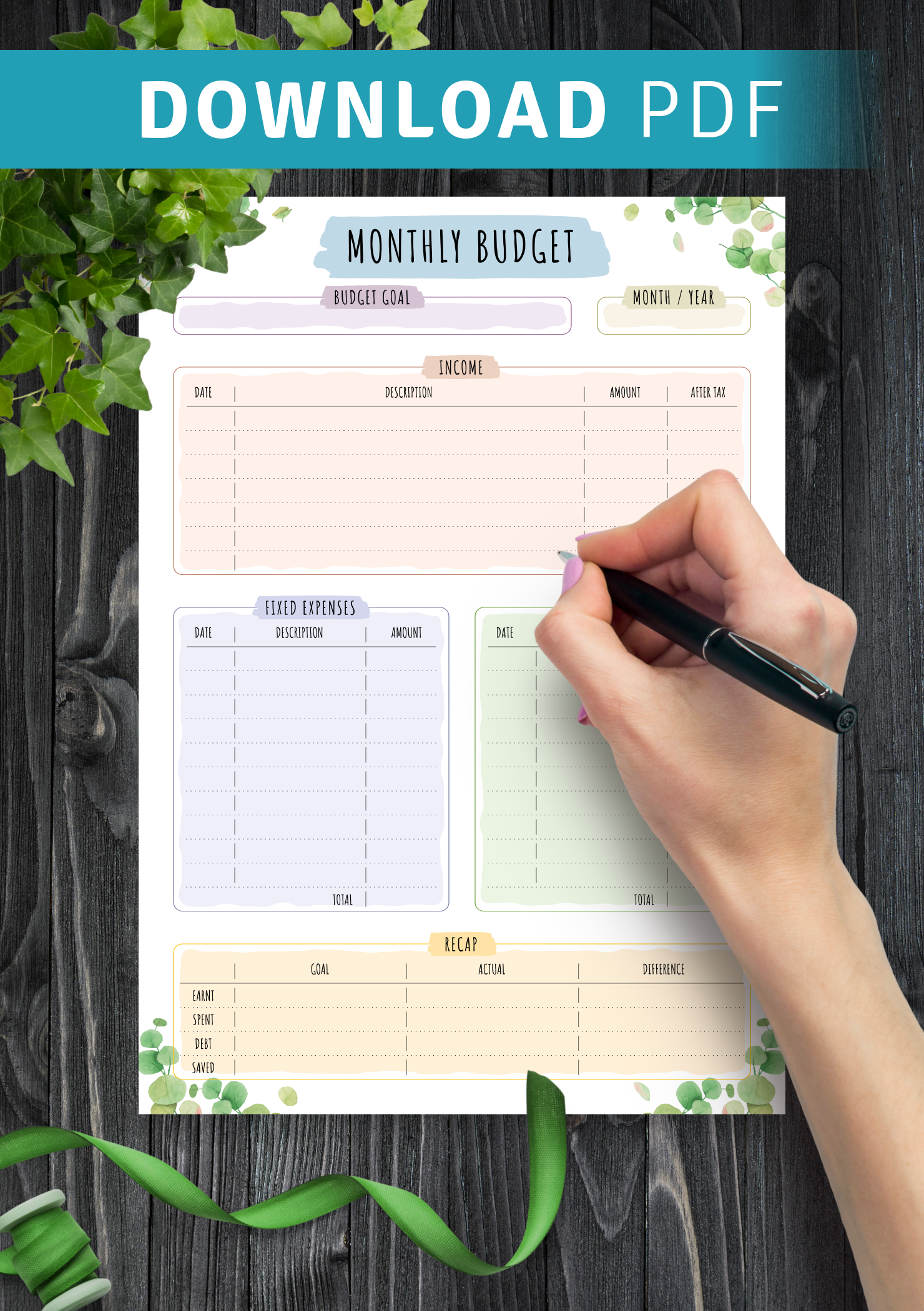 Download Printable Monthly Budget - Floral Style PDF