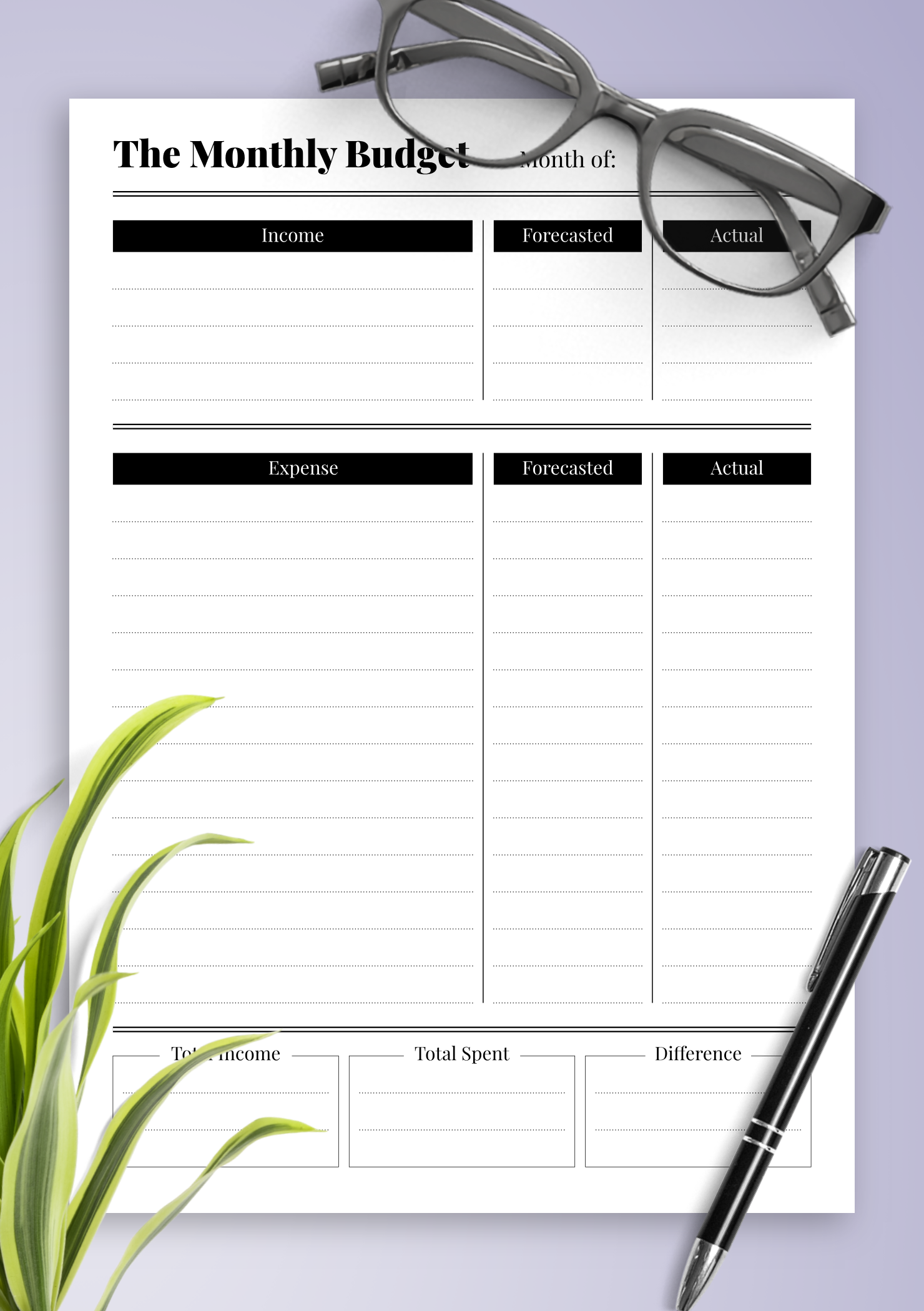 Download Printable Monthly budget with income and spent difference PDF