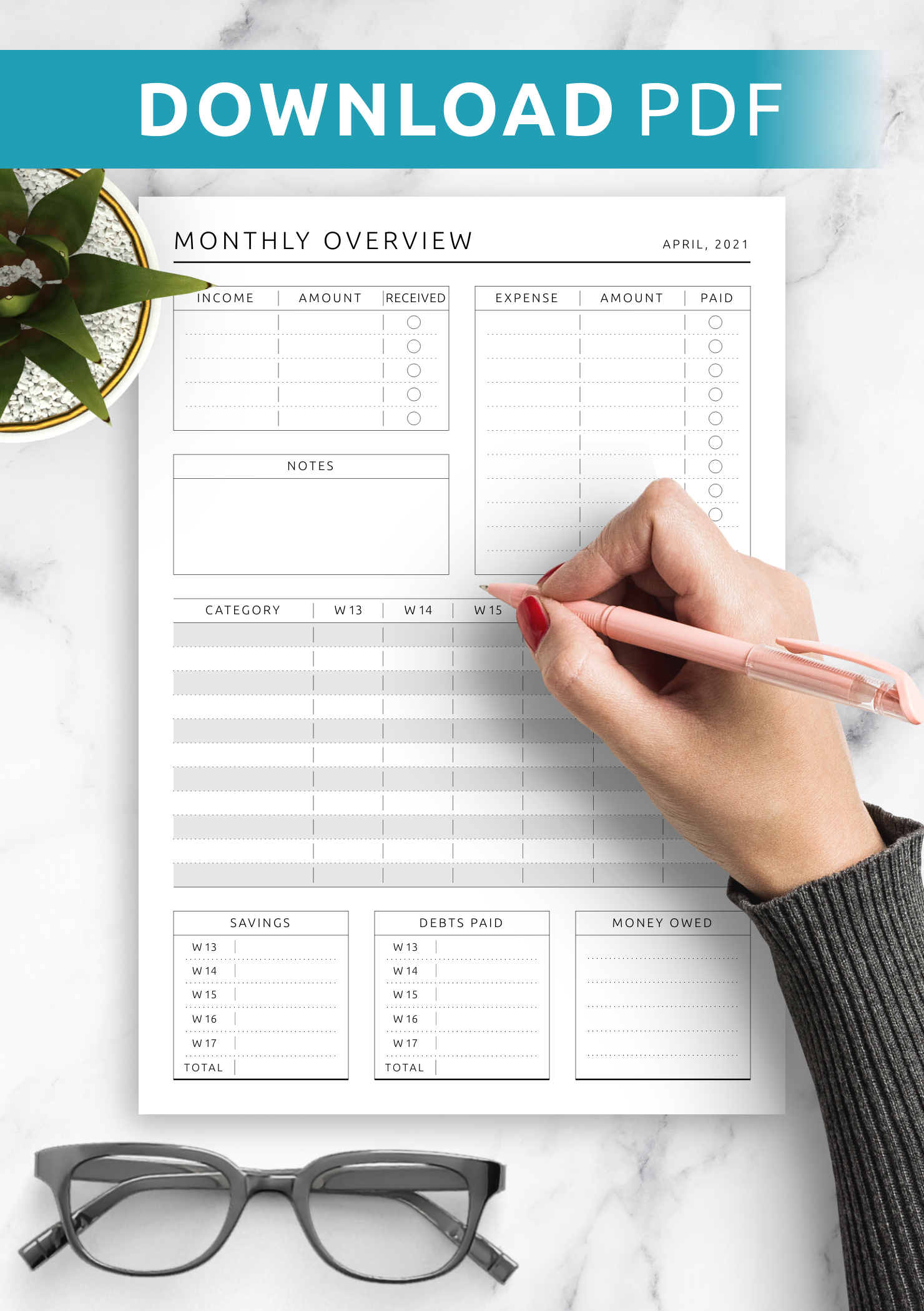 Download Printable Monthly Budget Overview Template PDF