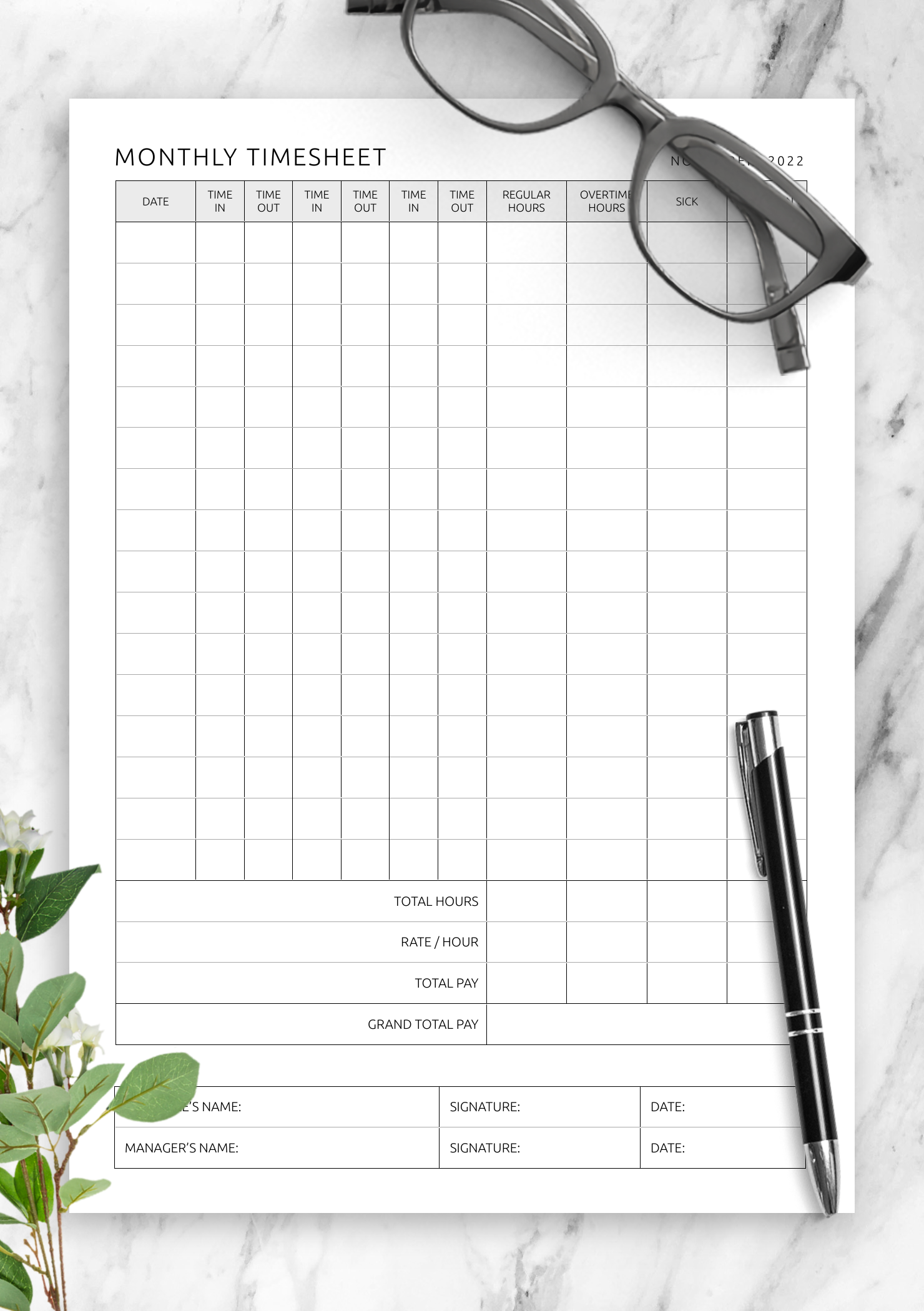 Download Printable Monthly Timesheet With Two Breaks PDF