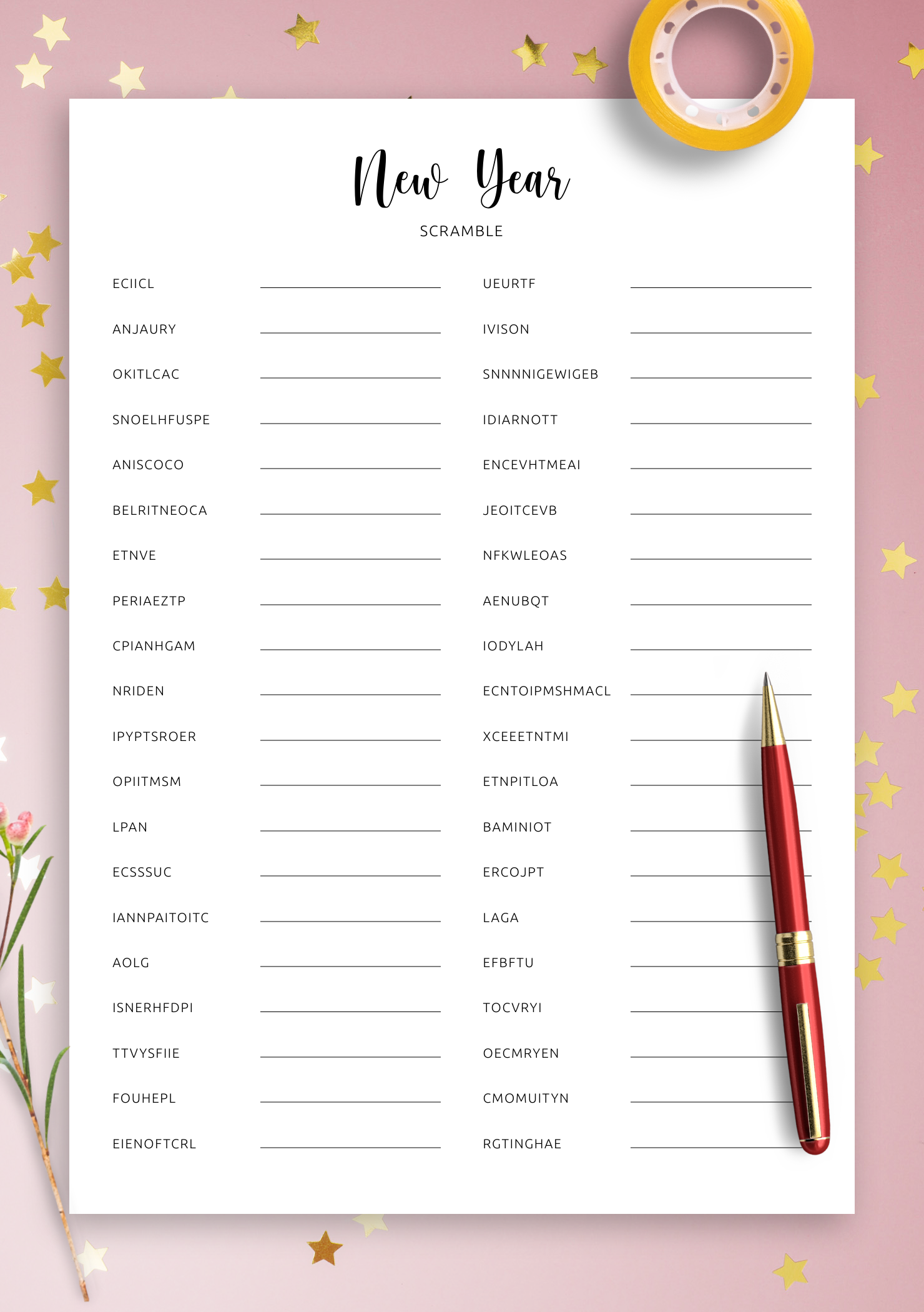 Download Printable New Year Word Scramble PDF