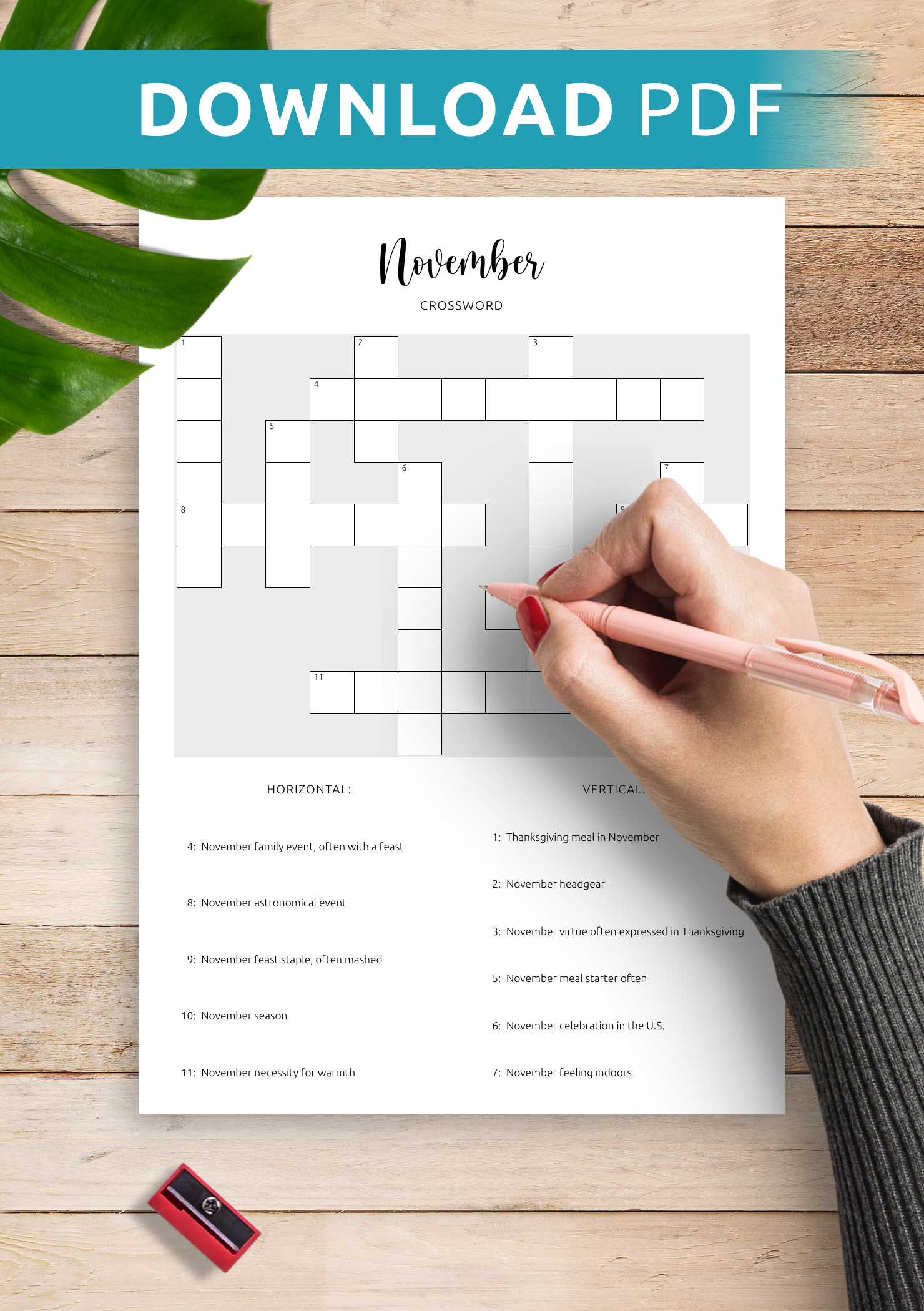 Download Printable November Crossword PDF – Celebrate Autumn's Finale