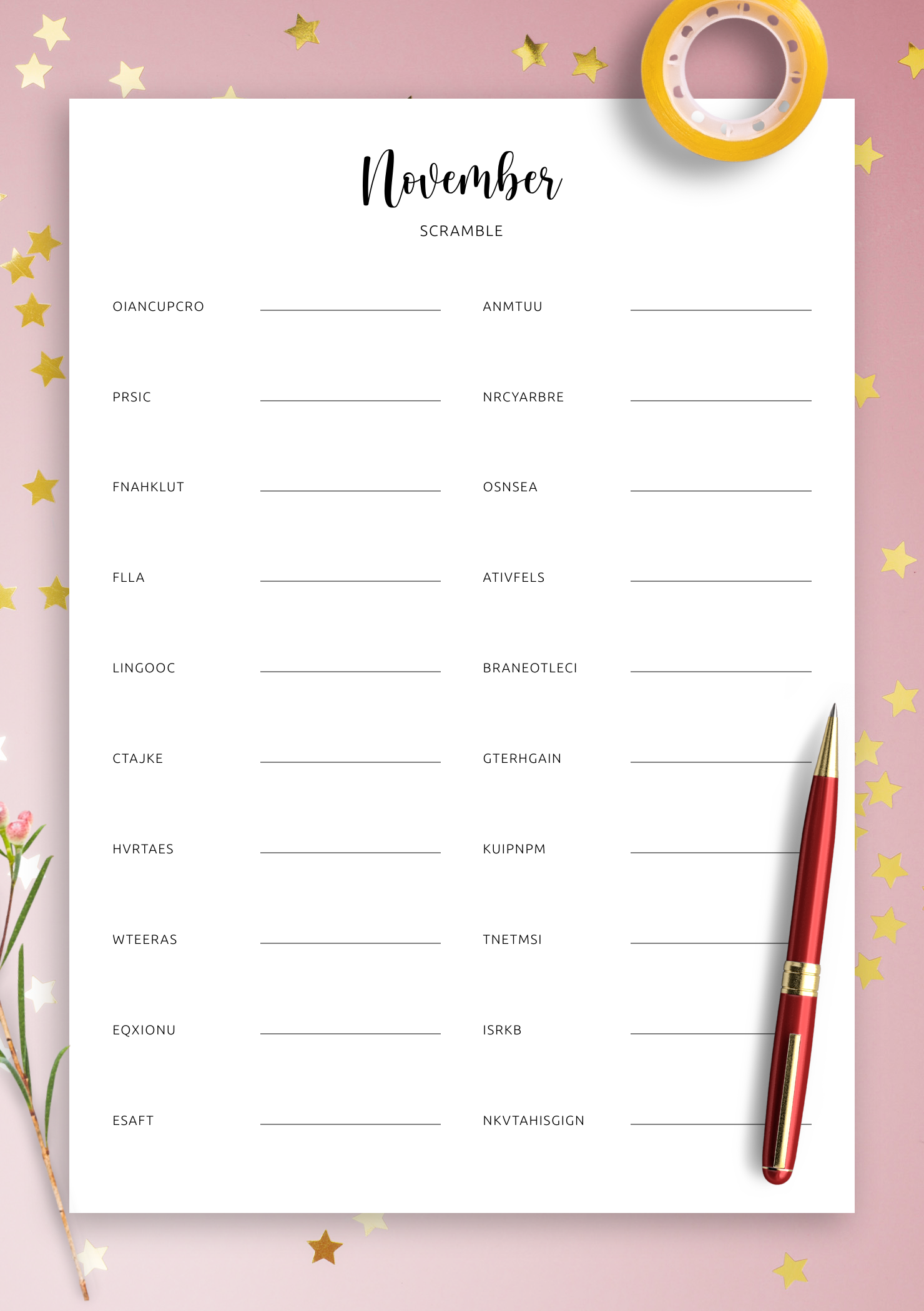 Download Printable November Word Scramble PDF