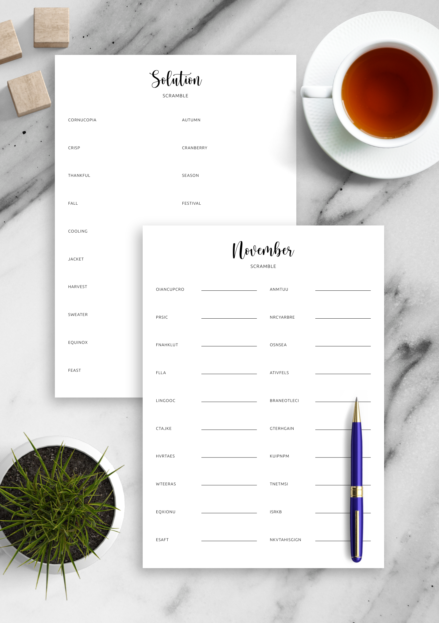 Download Printable November Word Scramble PDF