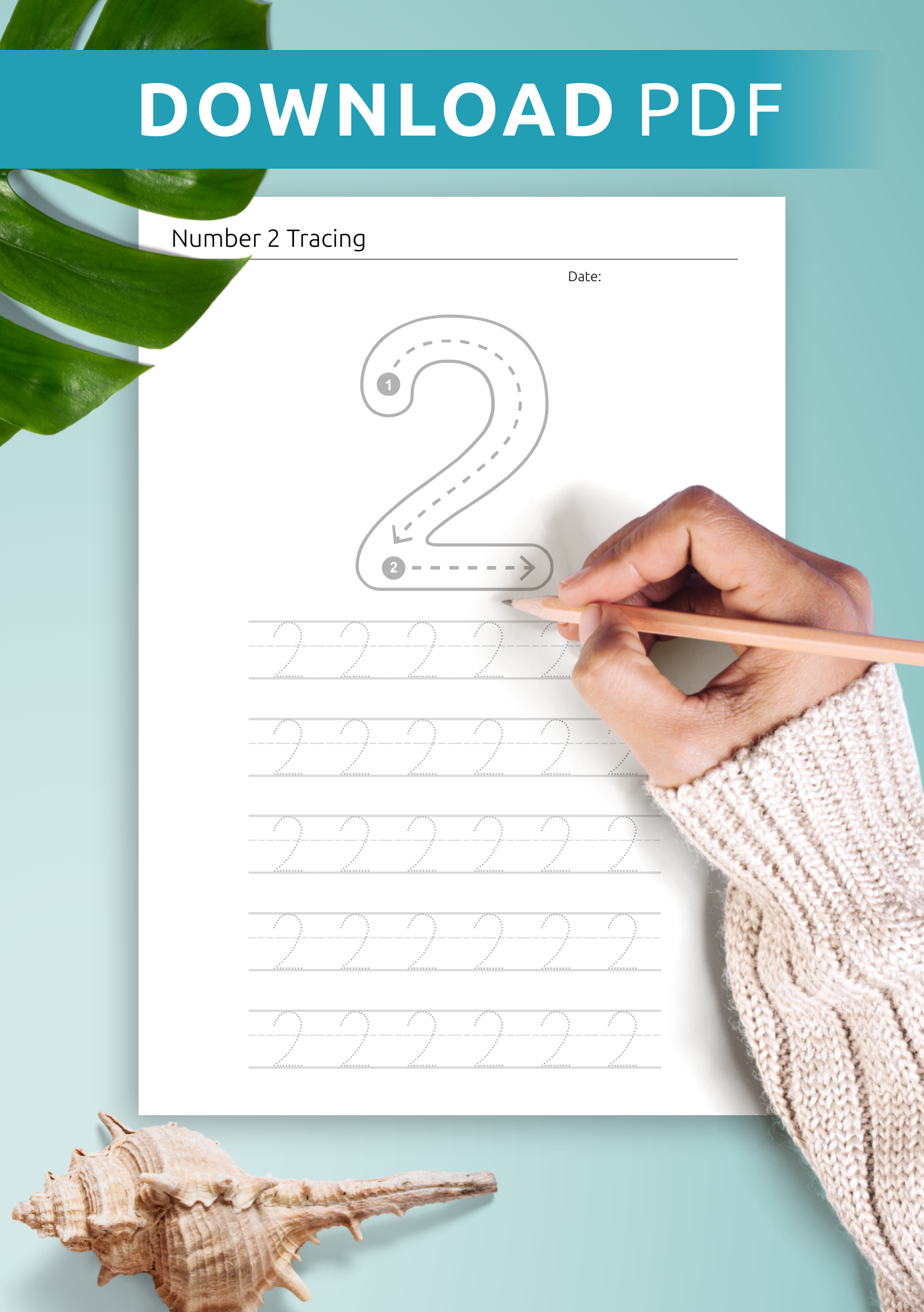 Download Number 2 Trace for Kids Printable PDF