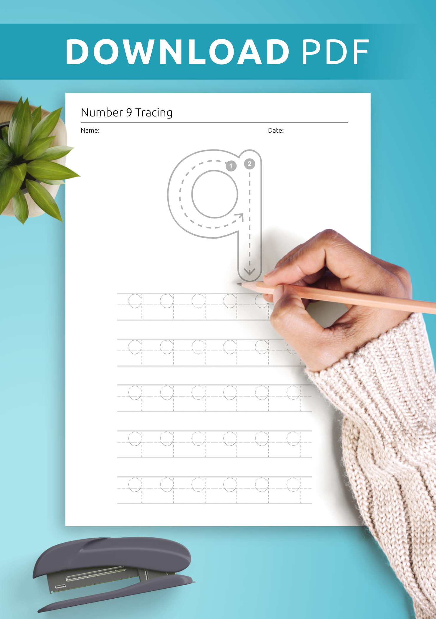 Download Number 9 Preschool Worksheet Printable PDF