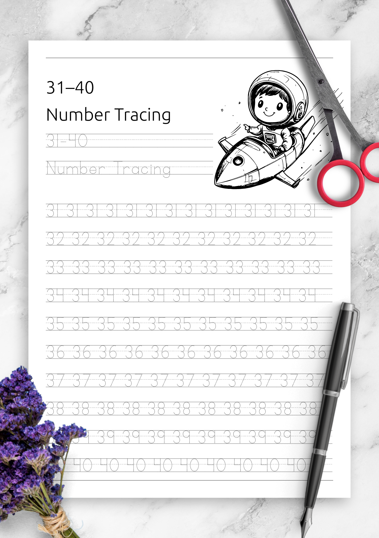 Download Number Tracing 31-40 Printable PDF