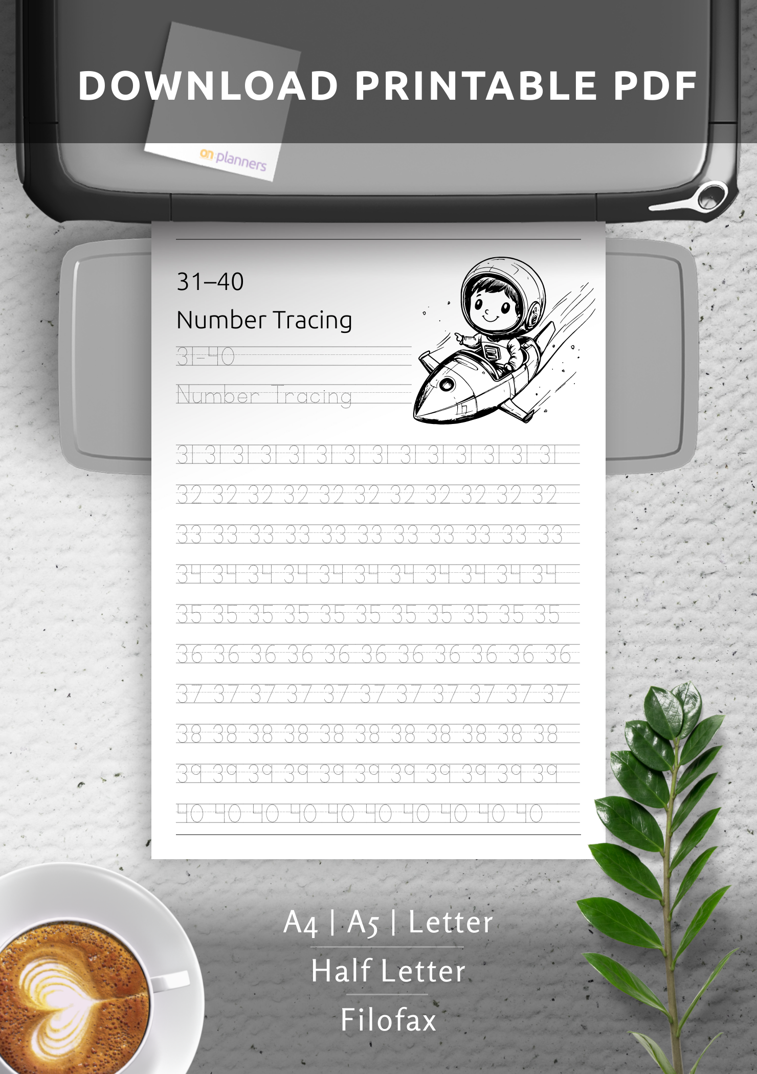 Download Number Tracing 31-40 Printable PDF