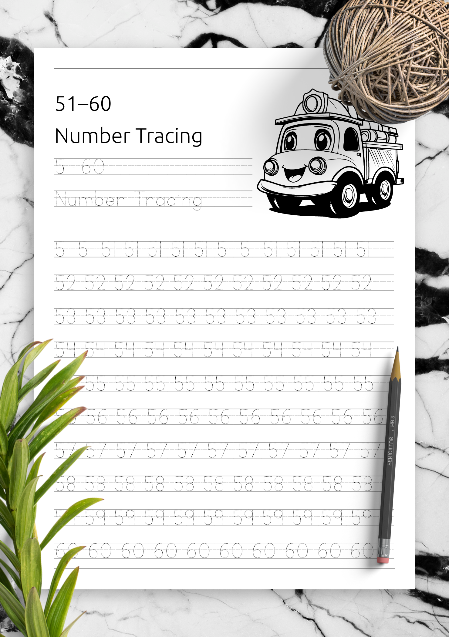 Download Number Tracing 51-60 Printable PDF