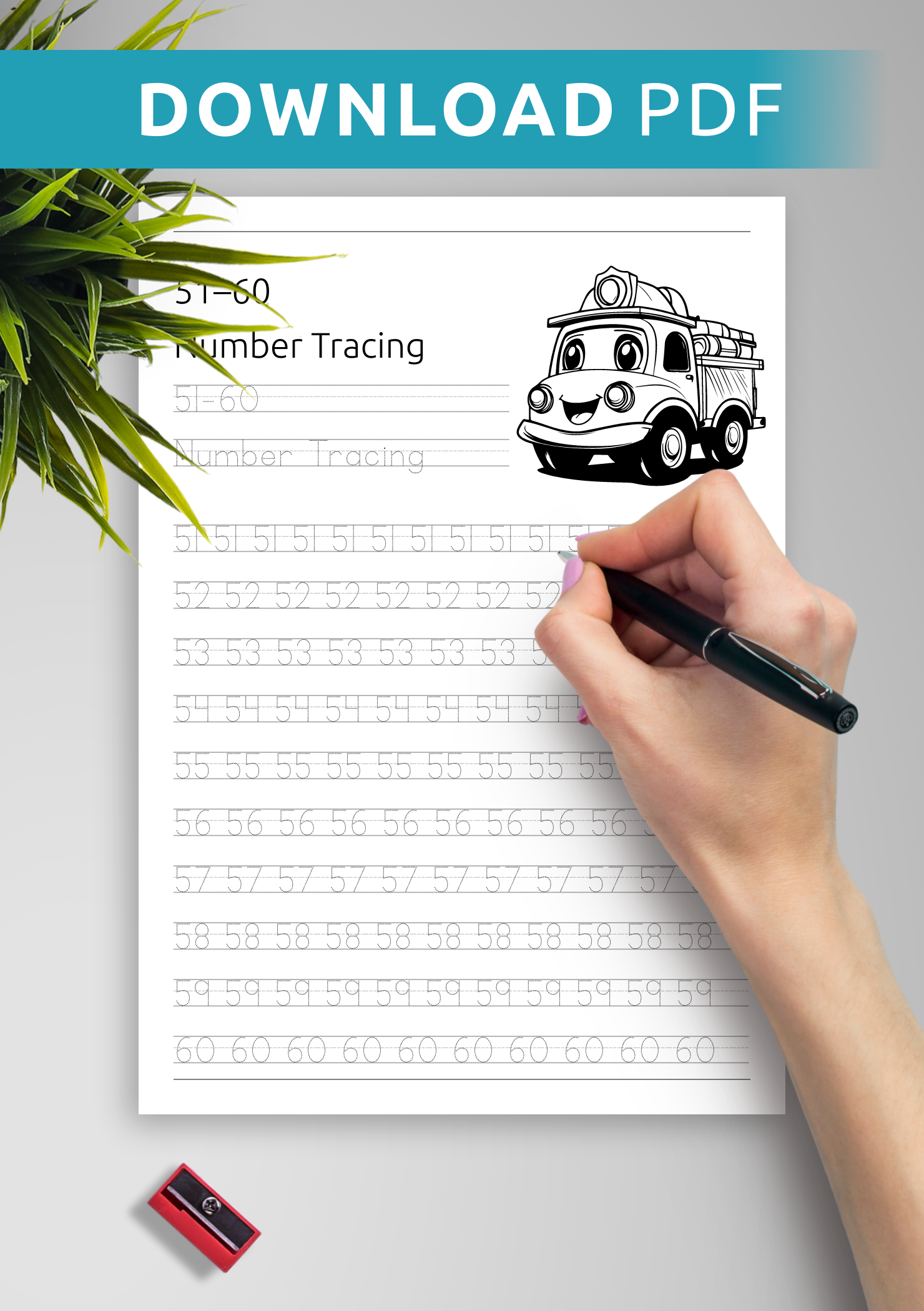 Download Number Tracing 51-60 Printable PDF