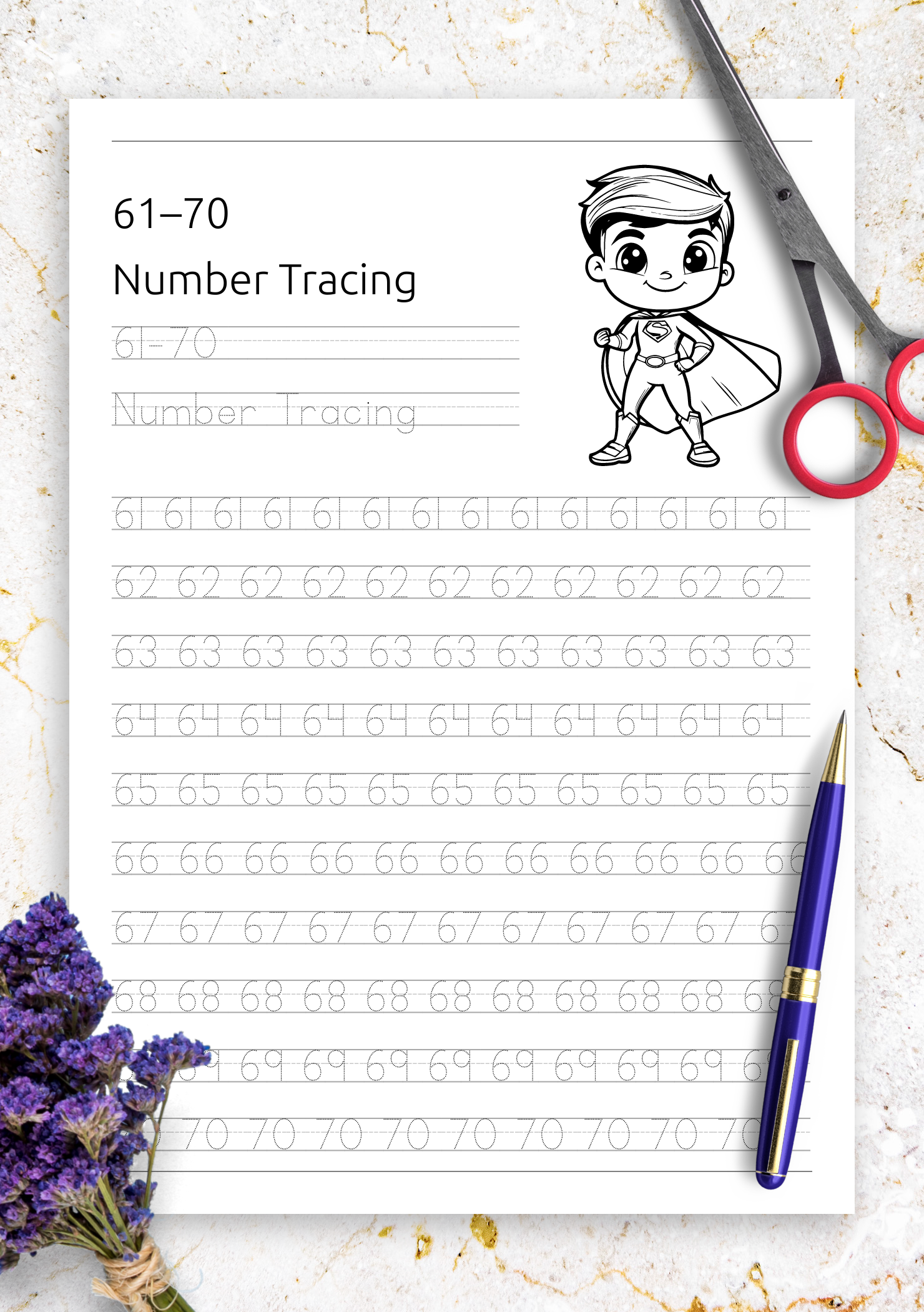Download Number Tracing 61-70 Printable PDF