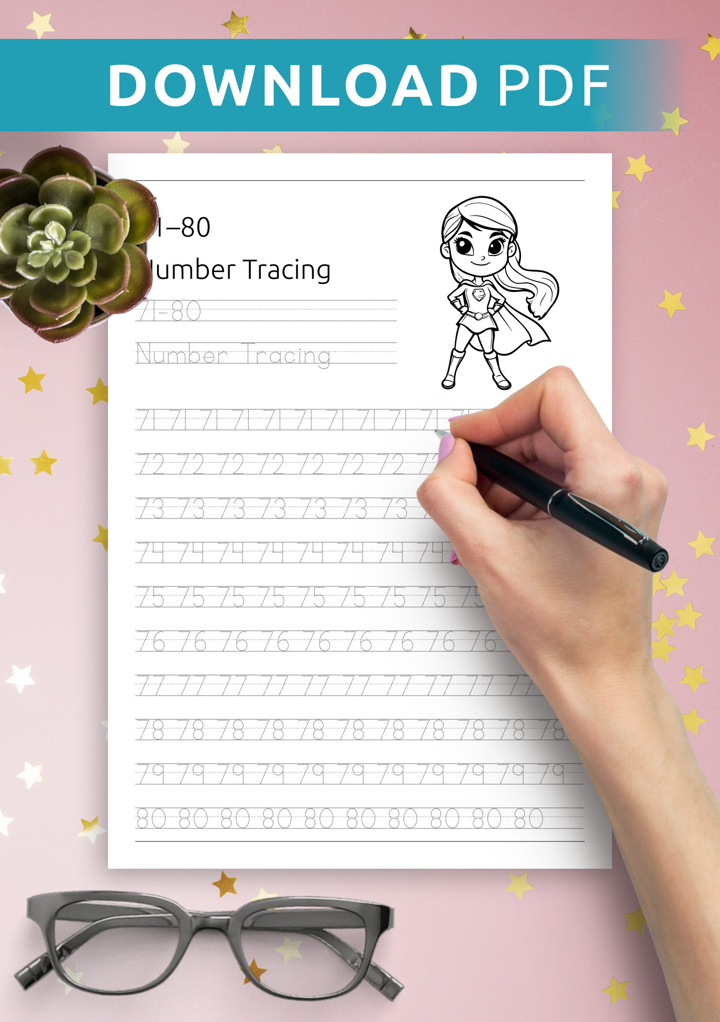 Download Number Tracing 71-80 Printable PDF