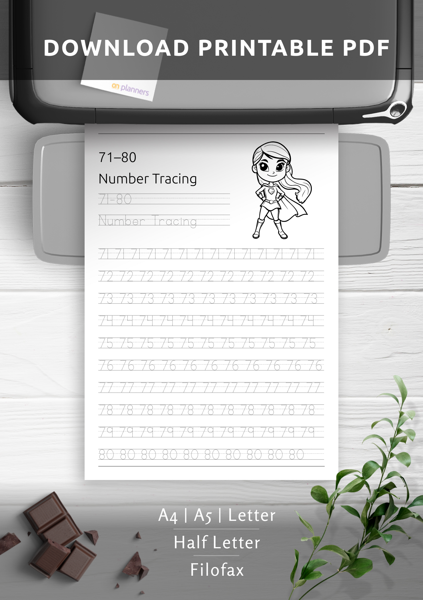 Download Number Tracing 71-80 Printable PDF