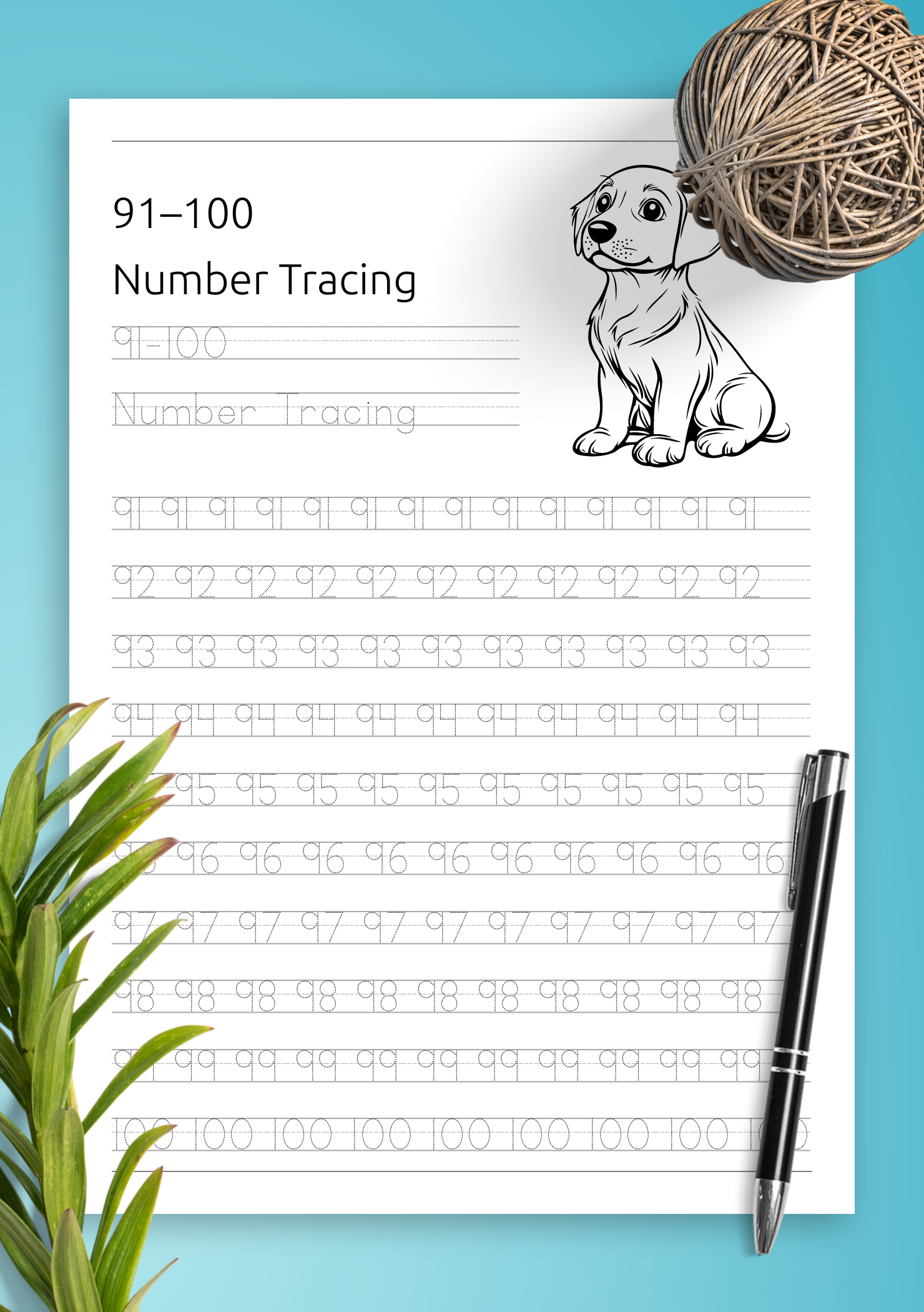 Download Number Tracing 91-100 Printable PDF